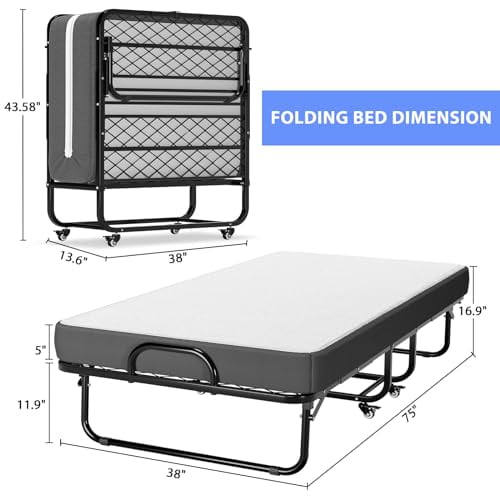 Folding Bed with Mattress 75 x 38 Twin Size Bed Frame Portable Foldable ...