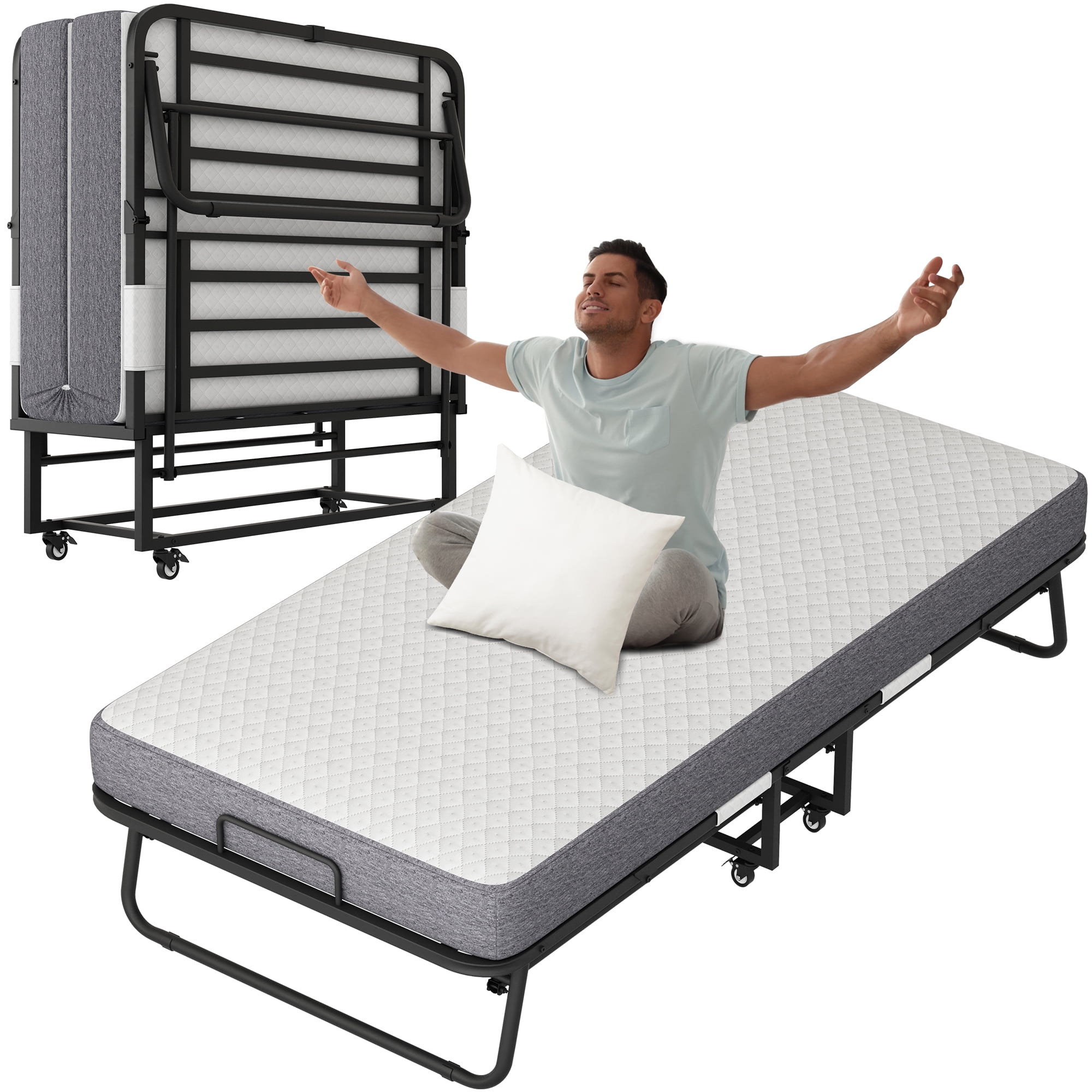 Folding Bed with Mattress 75" x 46" Twin Foldable Beds for Adults ...