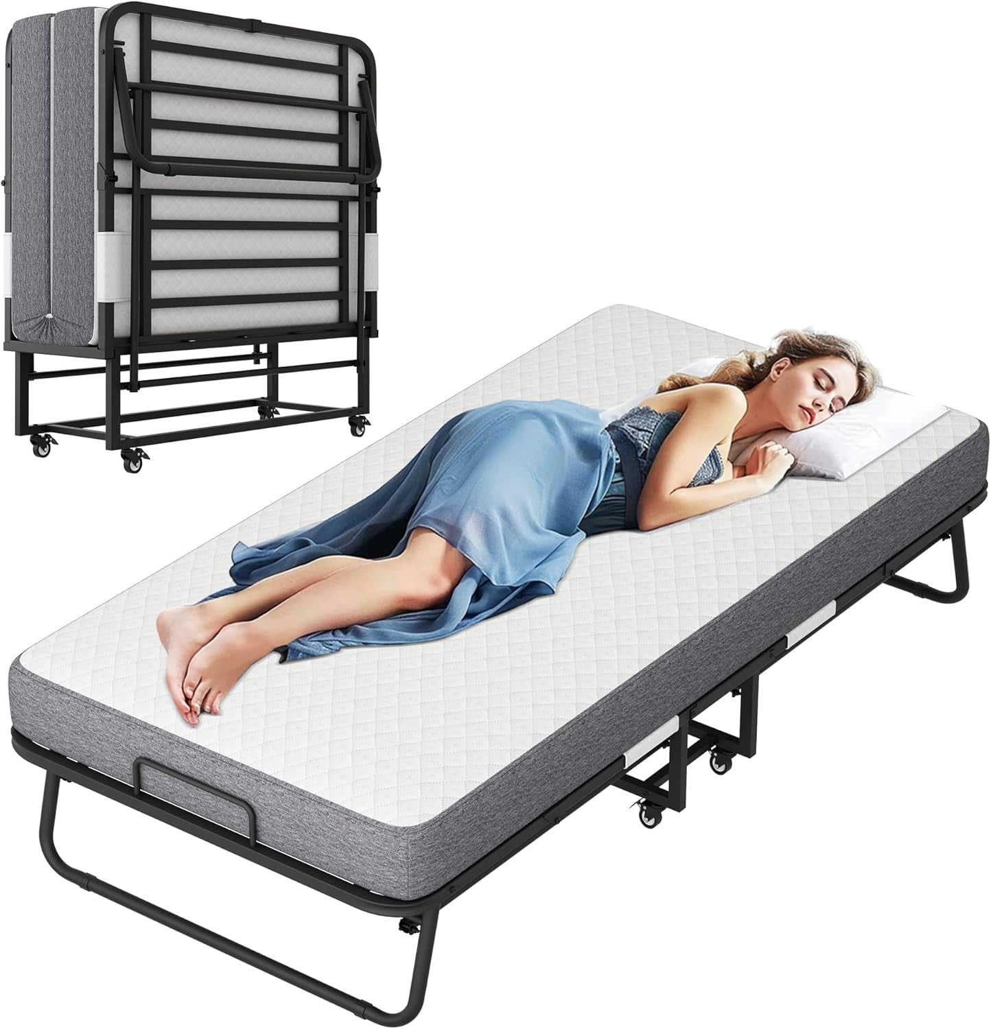 Folding Bed with Mattress, 75''x38'' Twin Size Rollaway Bed with ...