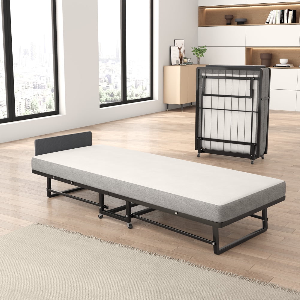 Folding Bed with Mattress, 75x31 Inch Portable Rollaway Guest Bed with ...