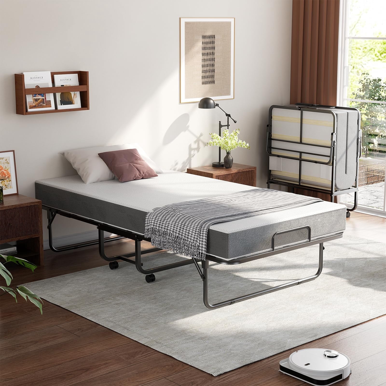 Folding Bed with Mattress, Portable Rollaway Bed for Adults, Sturdy ...