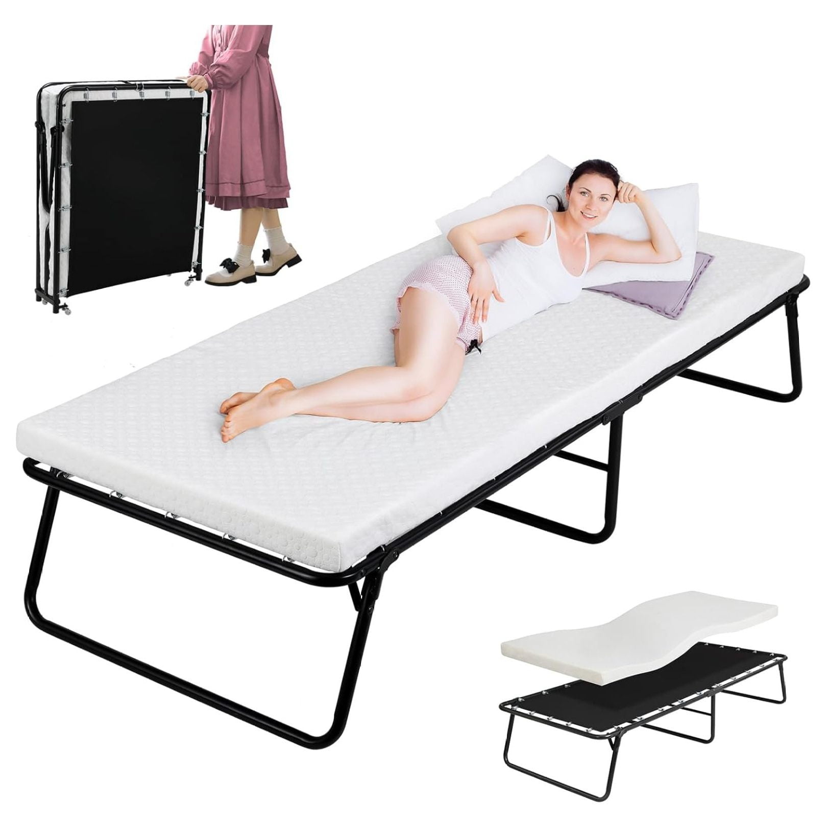 Folding Bed with Wheels,Rollaway Bed with Mattress for Adults,Foldable ...