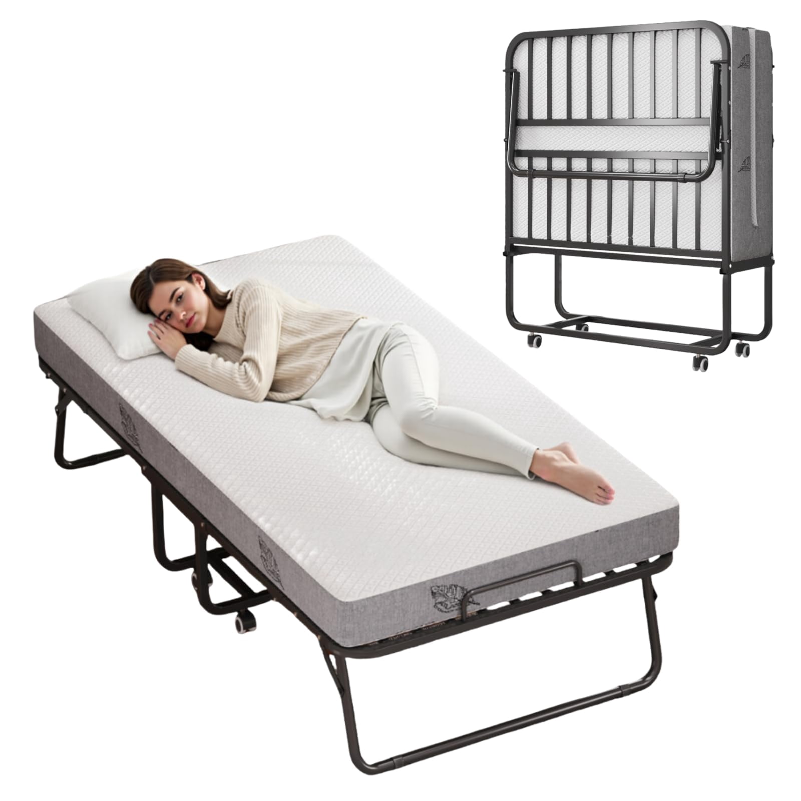 Folding Bed with Mattress, 75''x46'' Large Folding Bed with Upgraded ...