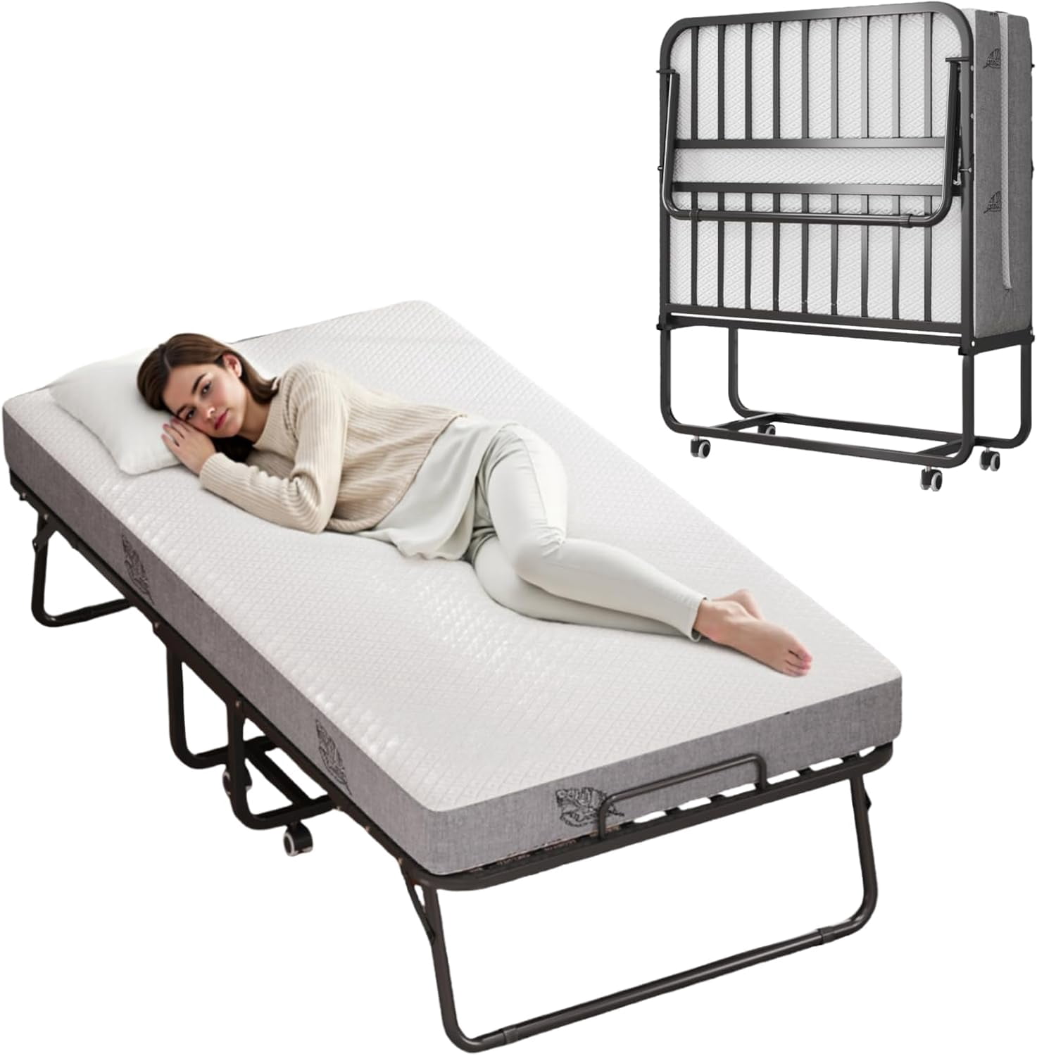 Folding Bed with Mattress, 75''x46'' Large Folding Bed with Upgraded ...