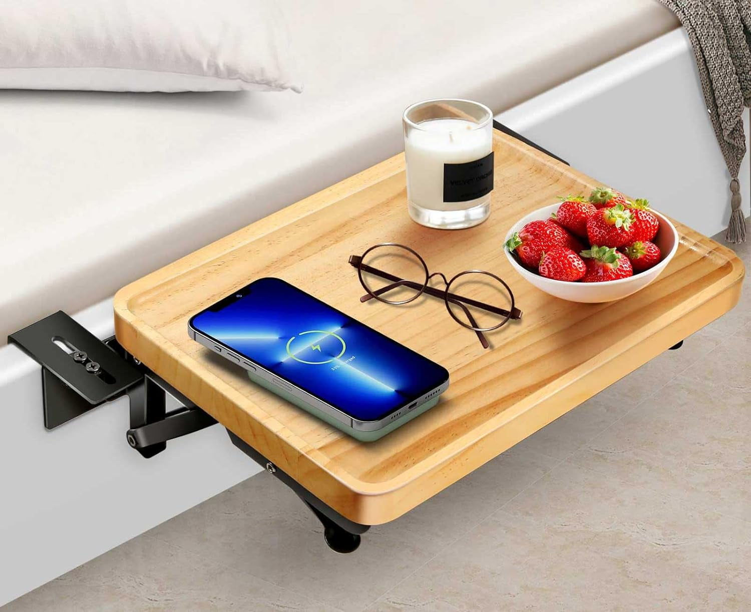 Folding Bedside Shelf, Foldable Bed Table Made of Wood and Stainless ...