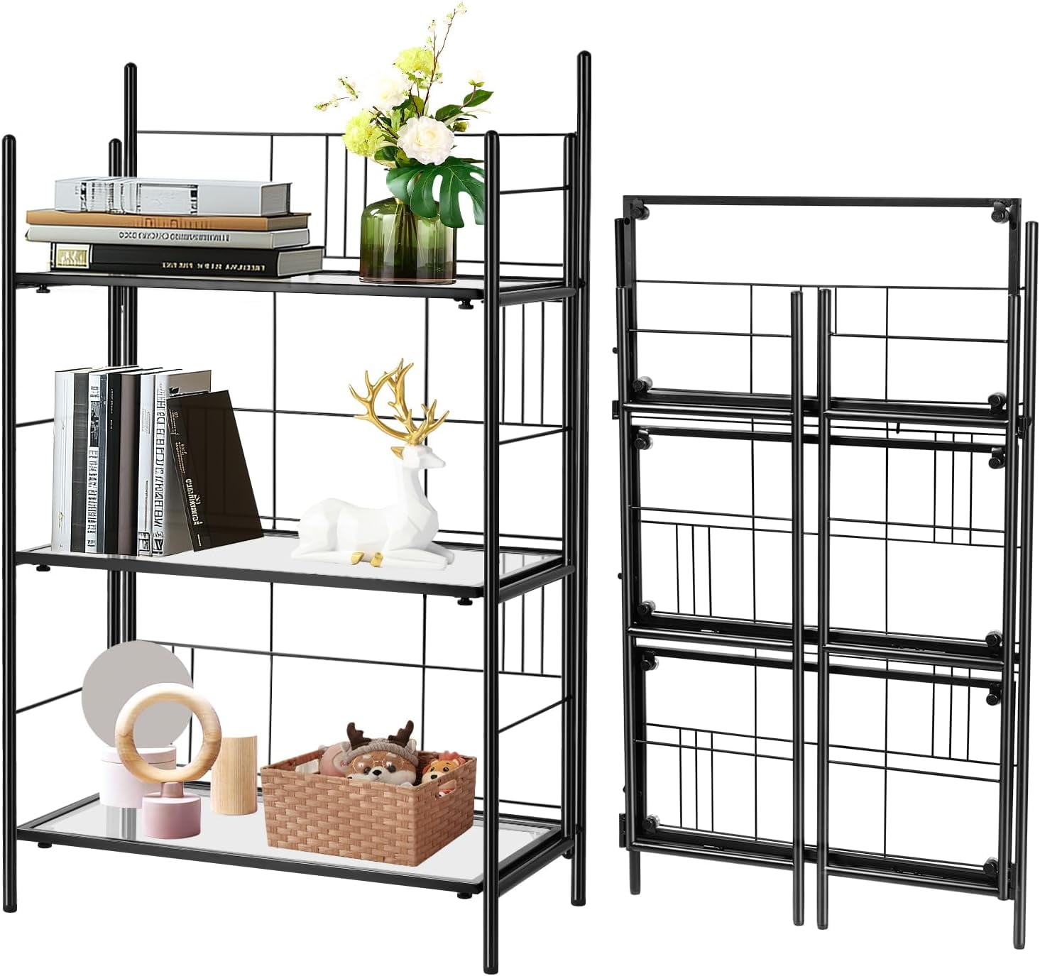 Folding Book Shelf, Easy Assembly Foldable Bookshelf, 3 Tier Stylish ...