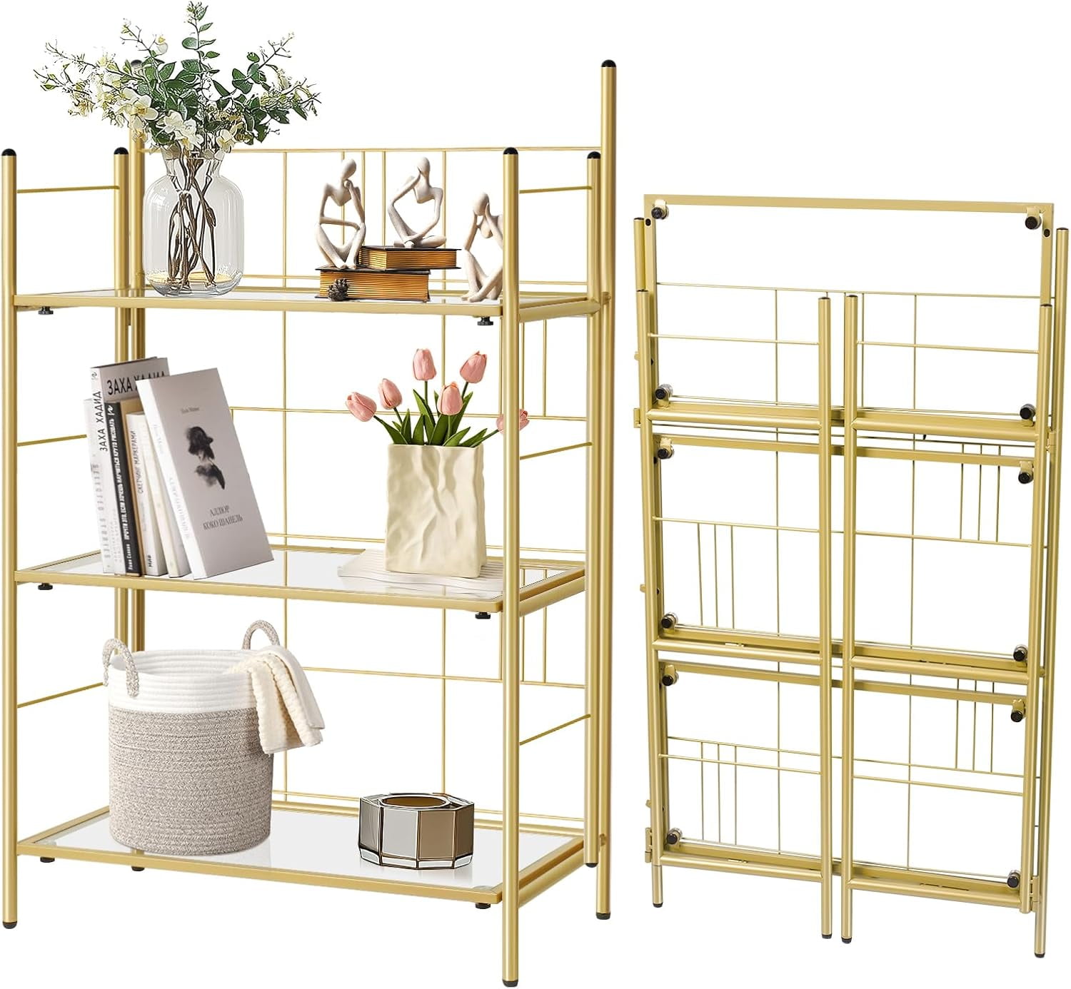 No Assembly Bookshelf, 3 Tier Stylish Gold Folding Book Shelf, Foldable ...