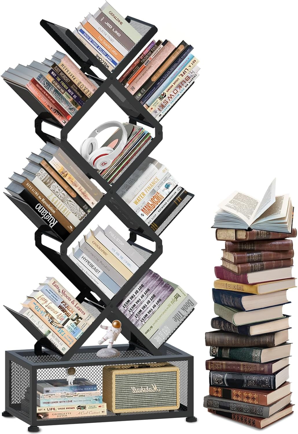 Folding Bookshelf,9 Tier Tree Bookshelf with Storage Cabinet,Stylish ...
