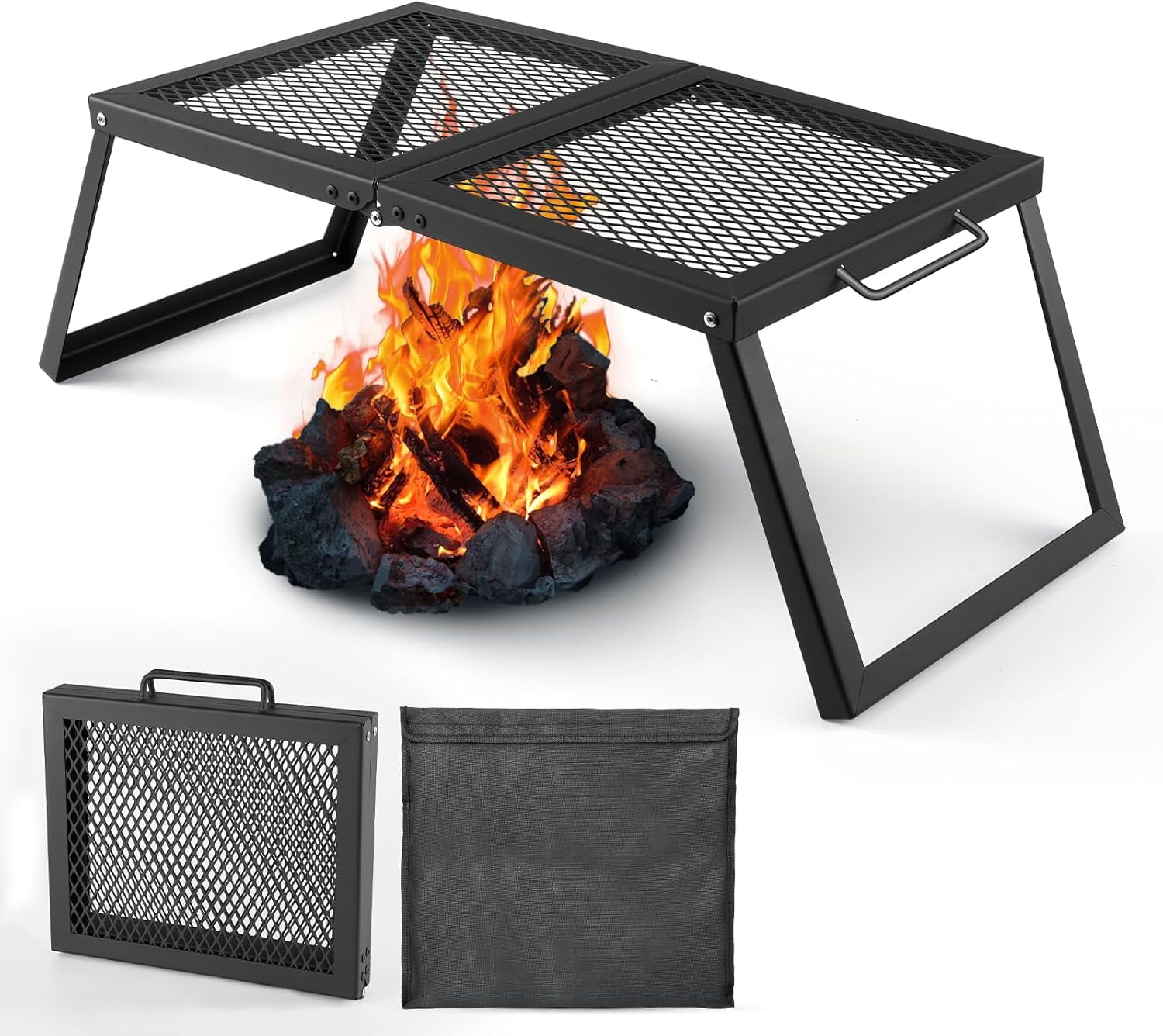 Folding Campfire Grill, Heavy Duty Steel Mesh Grate with Folding Legs ...