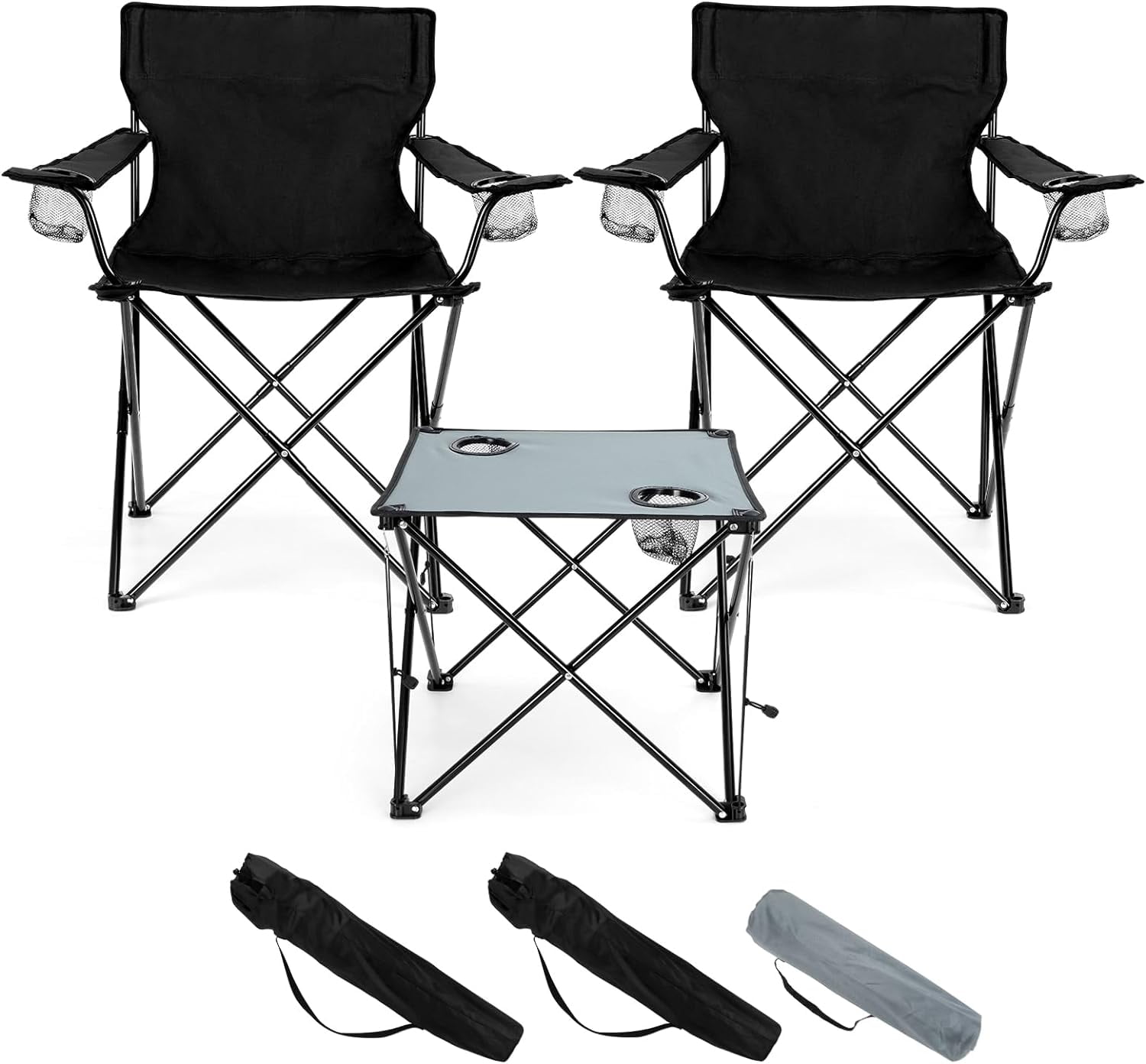 Folding Camping Chair Set of 3, Foldable Black Camp Chairs & Grey Table ...