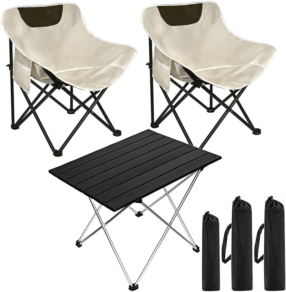 Folding Camping Chair Set of 3,Lightweight Camp Chairs with Table,Large ...