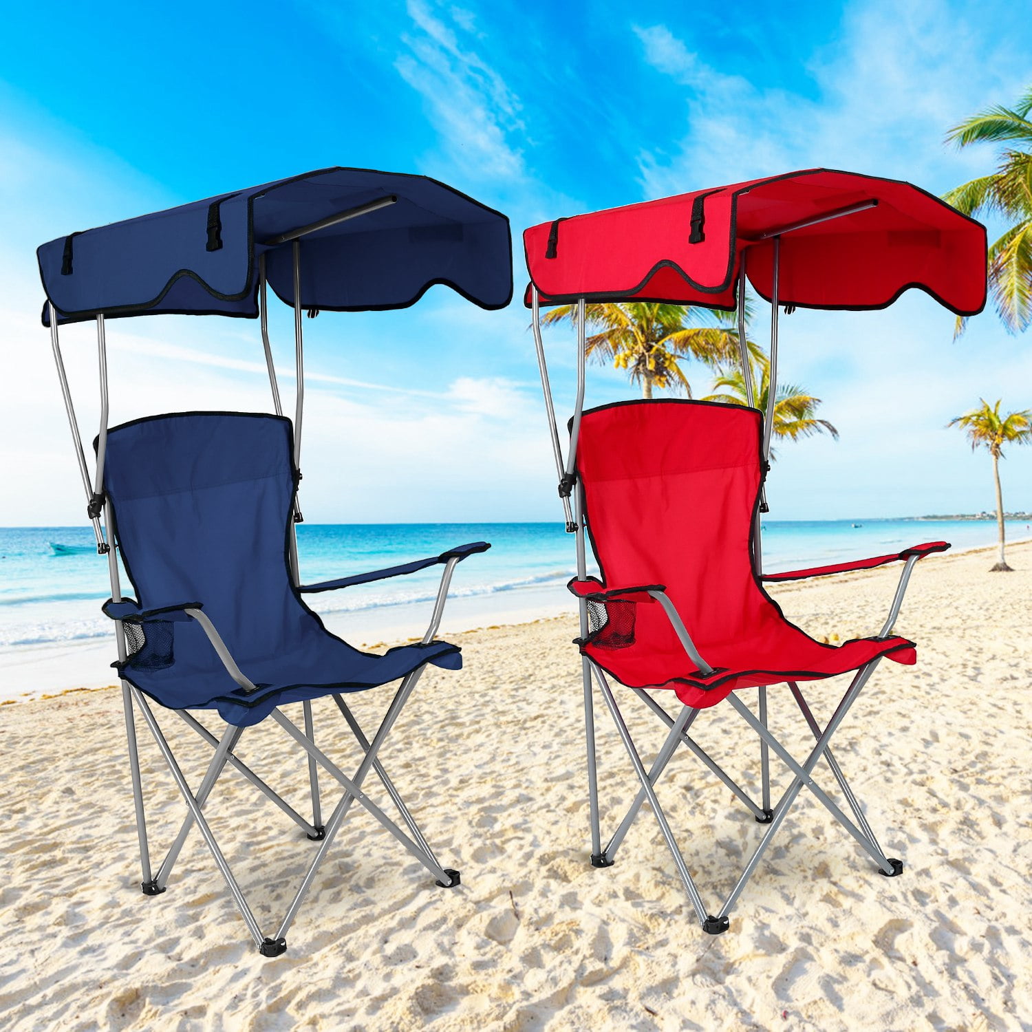 Folding Camping Chair with Shade Canopy Beach Chair with Cup Holder ...