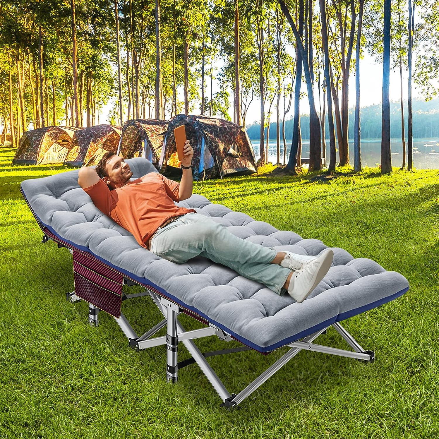 Folding Camping Cot for Adults, Double Layer 1200D 500lb Loading Cot ...