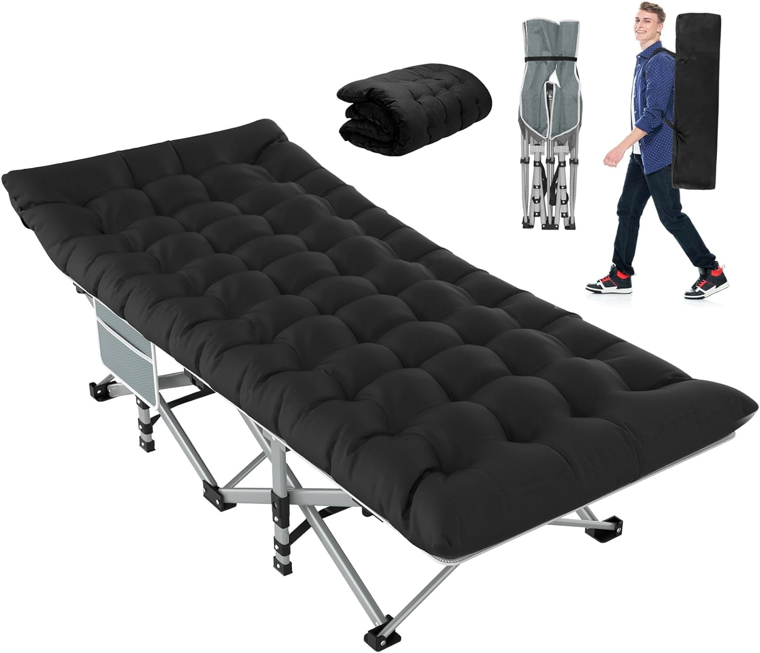 Folding Camping Cot with Mattress Black,Max Load 800lbs Cots for ...