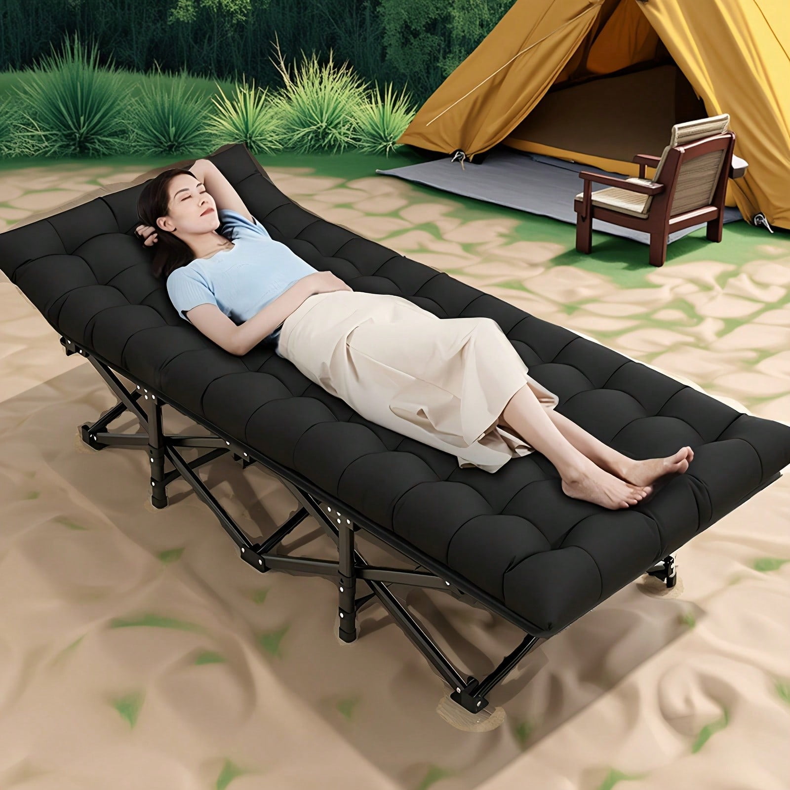 Folding Camping Cot W/Mat For Adults, Heavy Duty Outdoor Bed With Carry ...