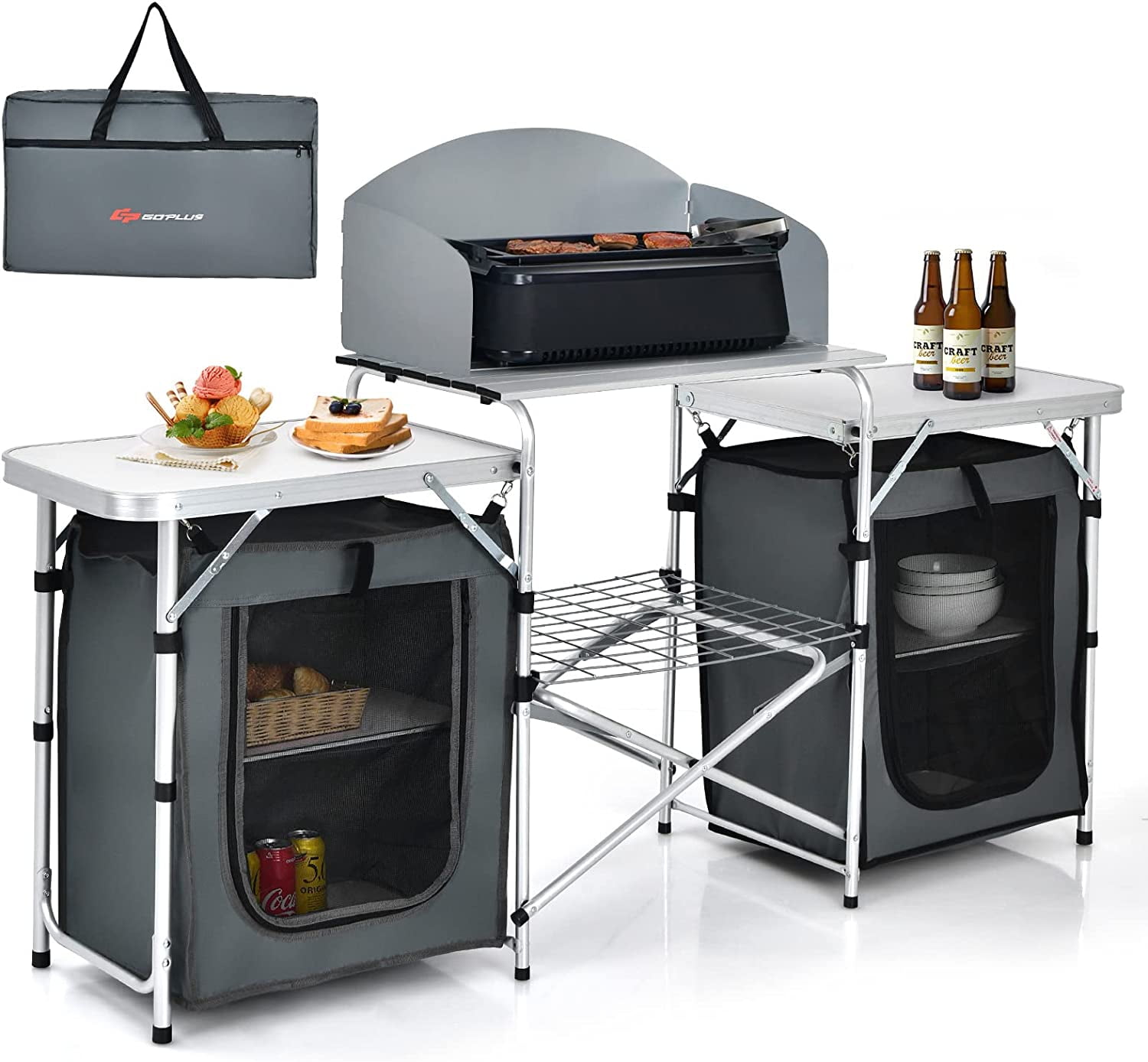 Folding Camping Kitchen Table with Storage, Aluminum Portable Outdoor ...