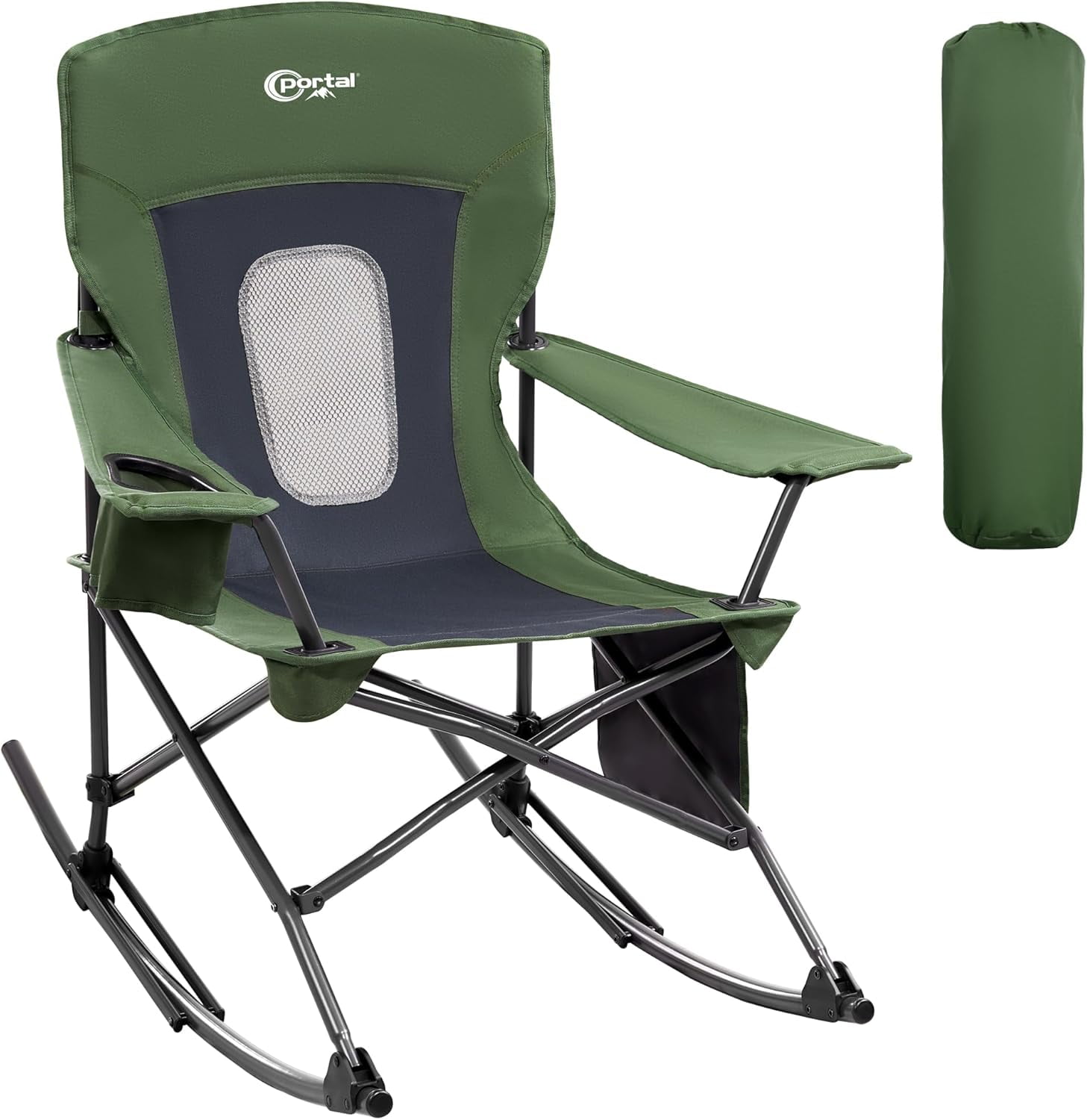 Folding Camping Rocking Chair Portable Outdoor Rocker High Back Cup Holder Side Pocket Carry Bag ...