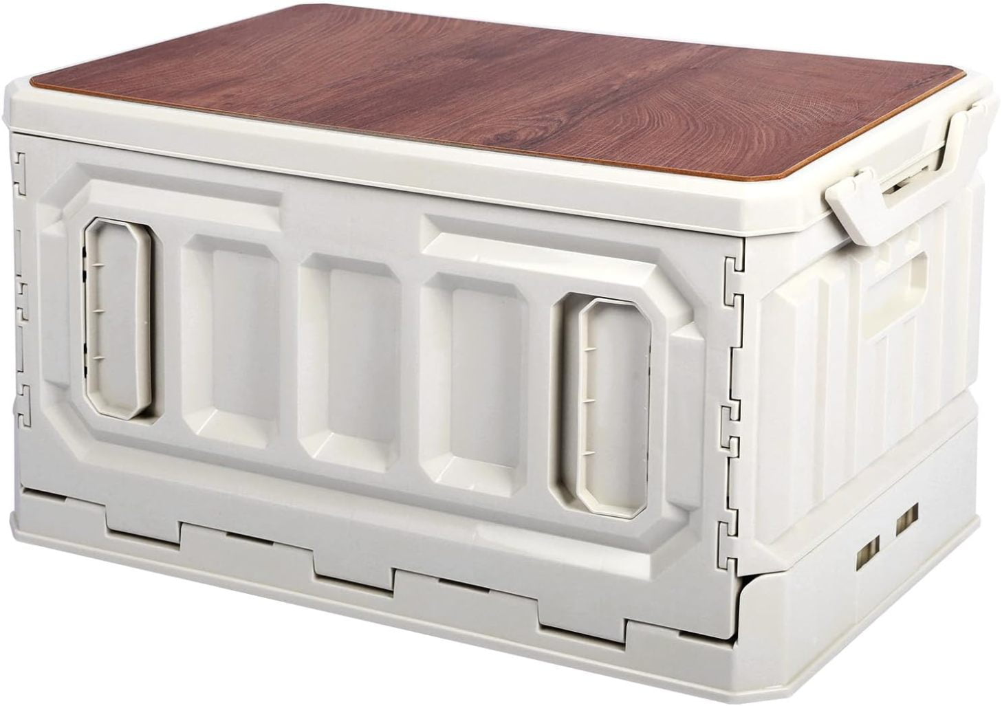 Folding Camping Storage Box 55L Plastic Storage Organizer with Wooden ...