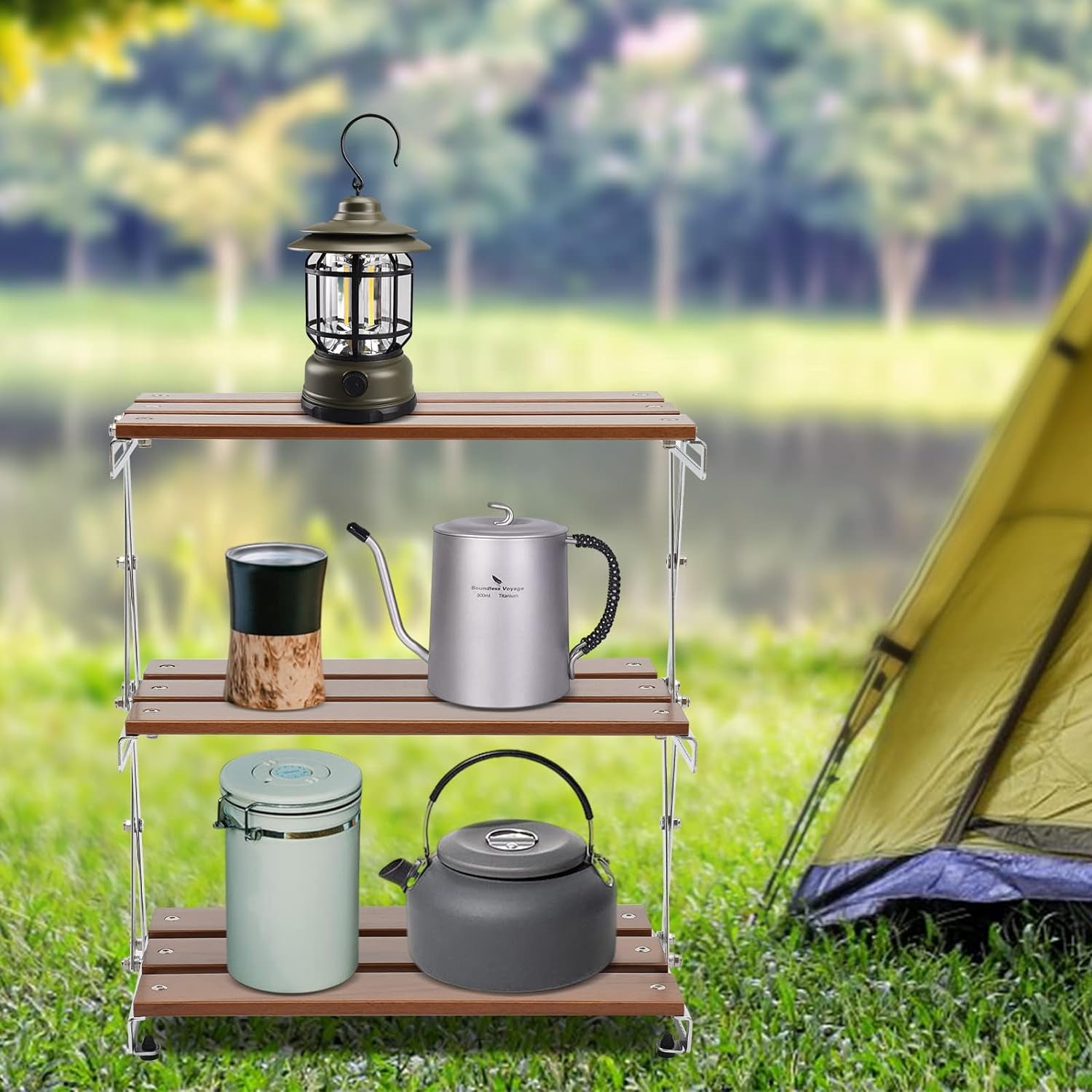 Folding Camping Storage Rack, Portable Picnic Table 3-Tier Desktop ...
