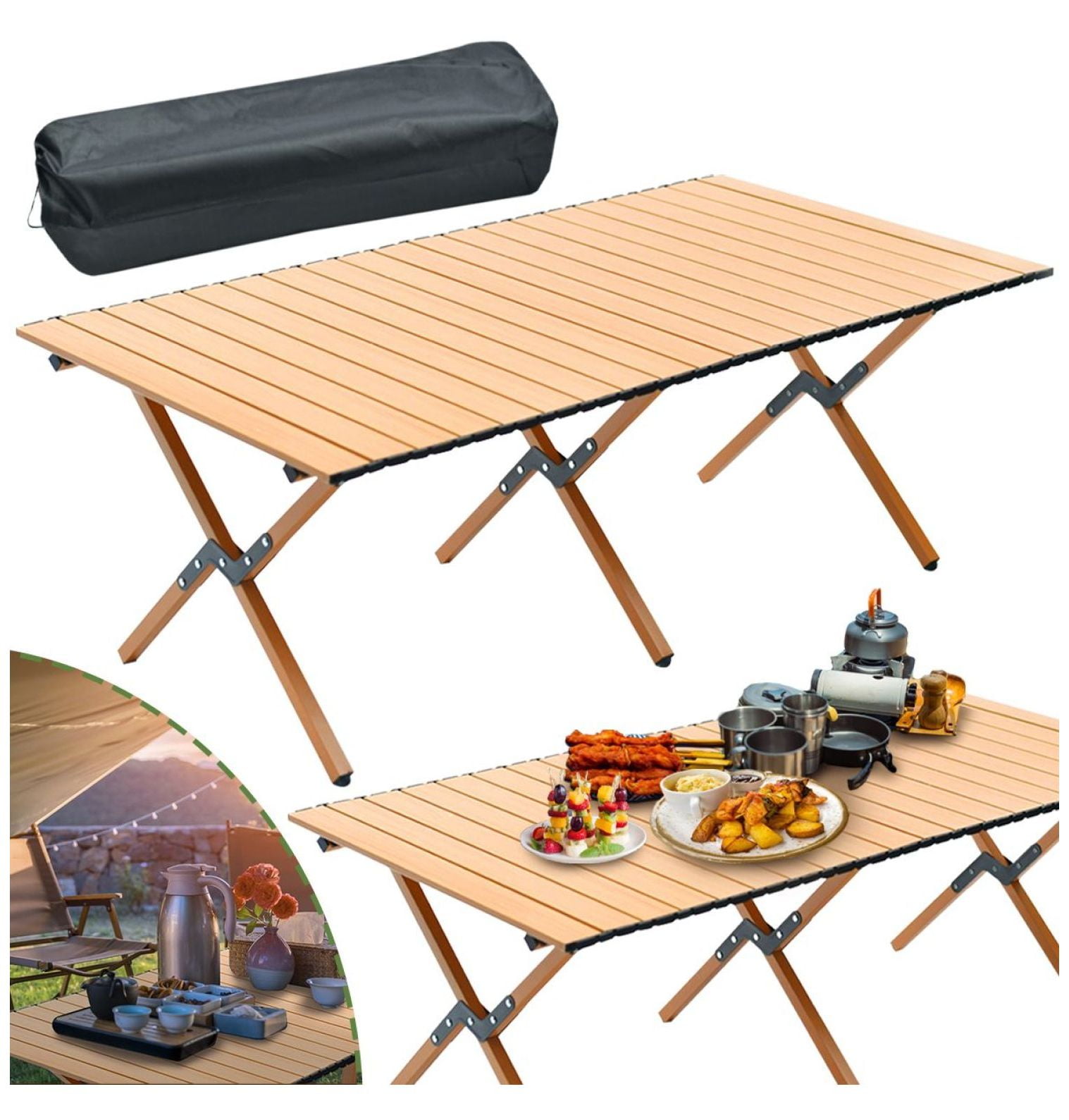 Folding Camping Table, Portable Carbon Steel Picnic Table with Storage ...