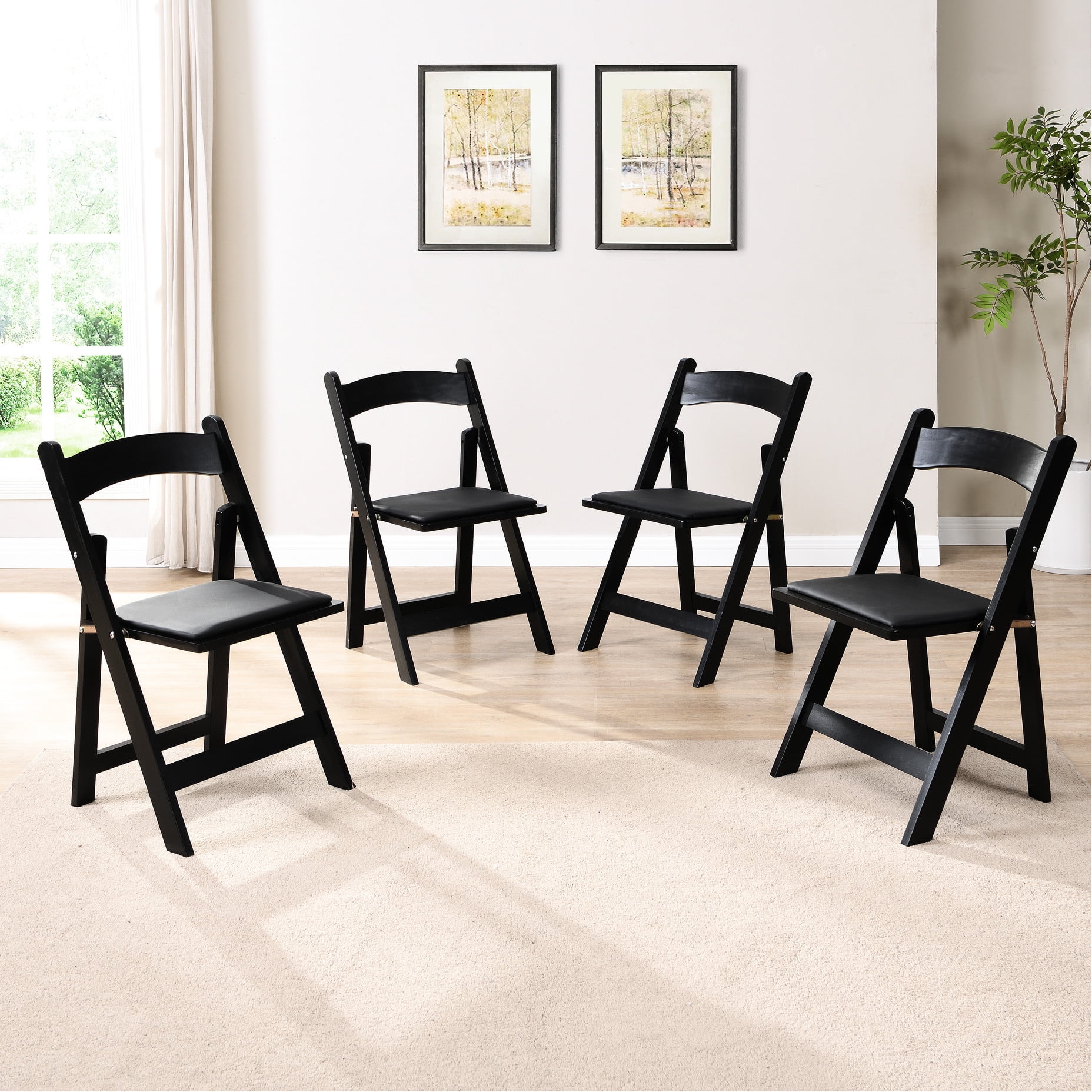 Folding Chair (4) - Upholstered Black Made Of Solid Wood Space Saving ...
