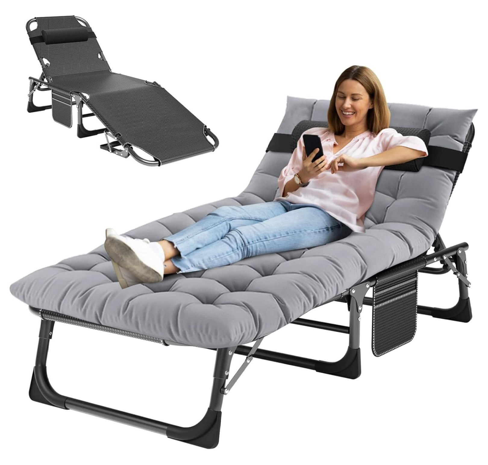 Folding Chaise Lounge Chair 5-Position, Folding Cot, Heavy Duty Patio ...