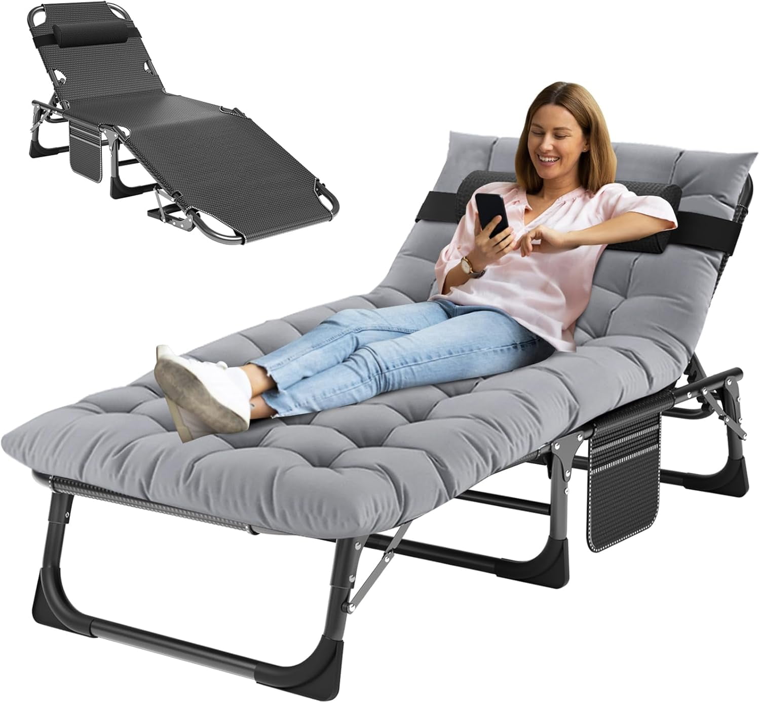 Folding Chaise Lounge Chair 5-Position, Folding Cot, Heavy Duty Patio ...