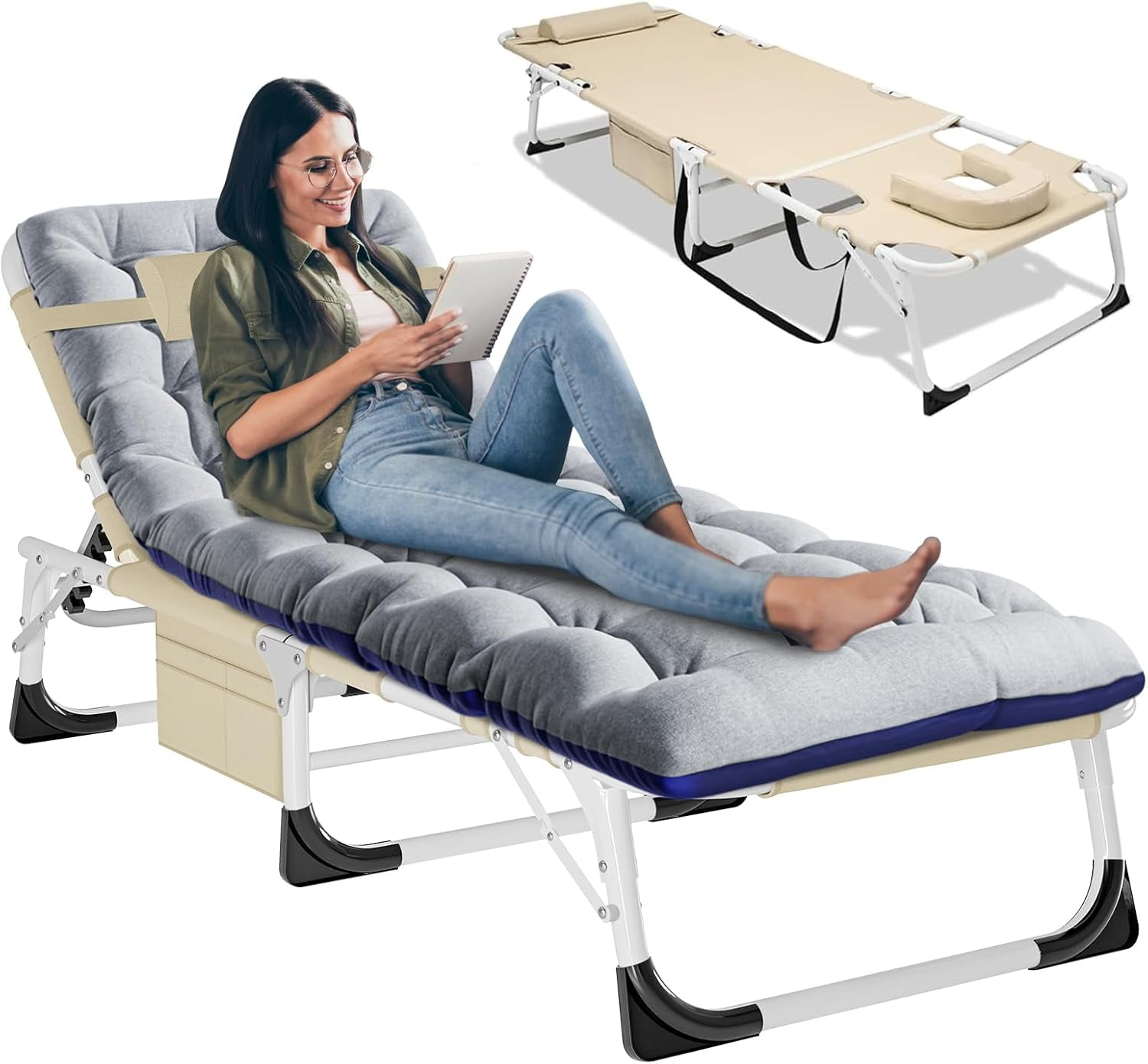 Folding Chaise Lounge Chair with Mattress, 5 Position Beach Chair with ...