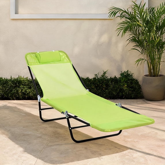 Folding Chaise Lounge Chair in Green-Toned Mesh with Steel Frame and ...