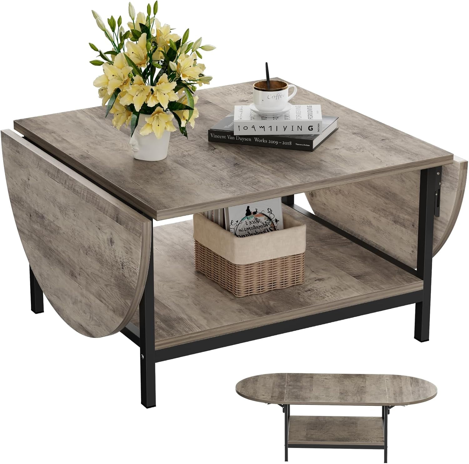 Folding Coffee Tables for Living Room 2-Tier Extended Coffee Table with ...