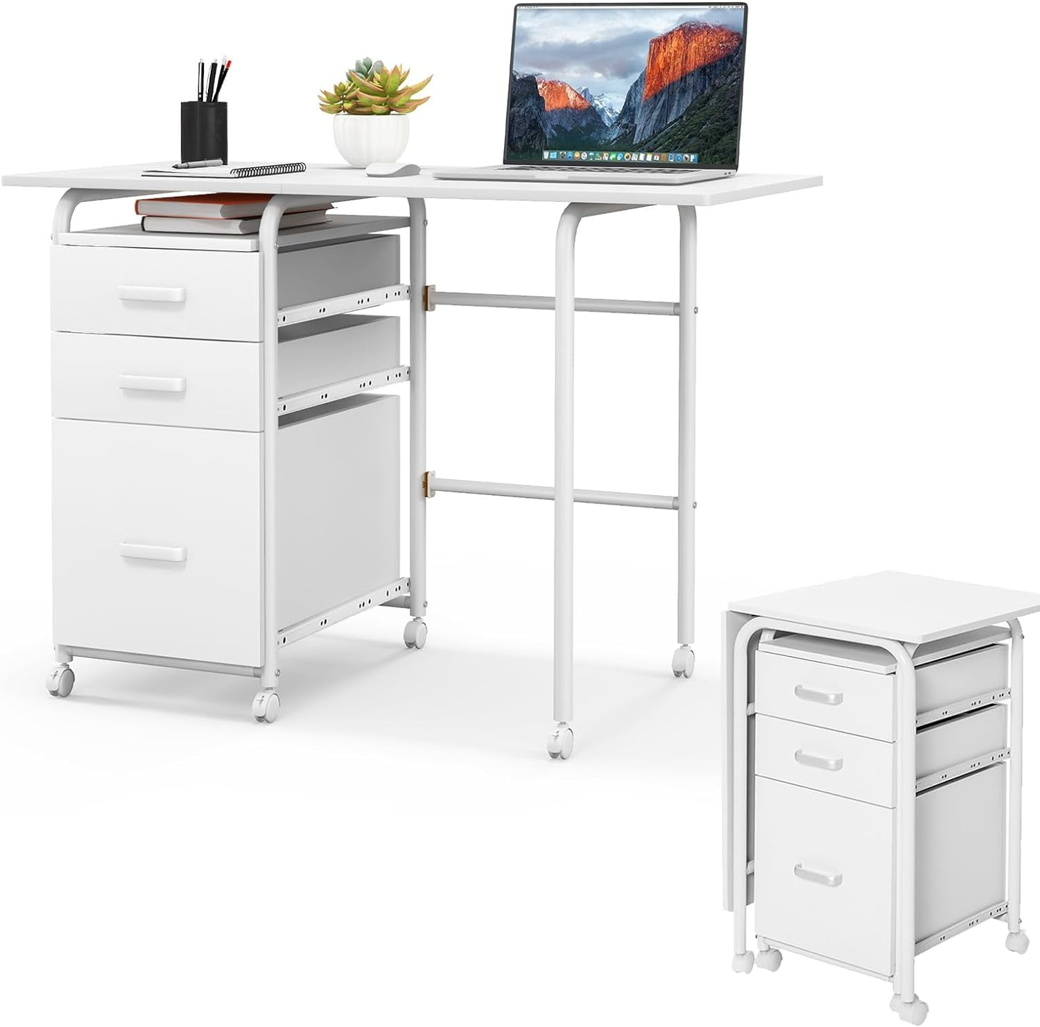Folding Computer Desk with 6 Wheels, 41.5" Modern Steel Collapsible ...