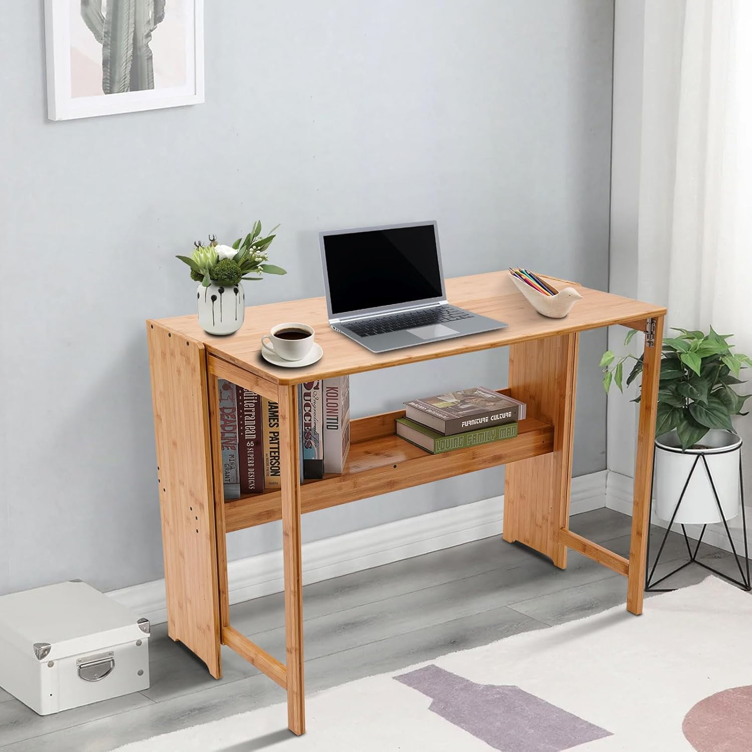 Folding Computer Desk with Bookshelf Bamboo Portable Foldable Table for ...