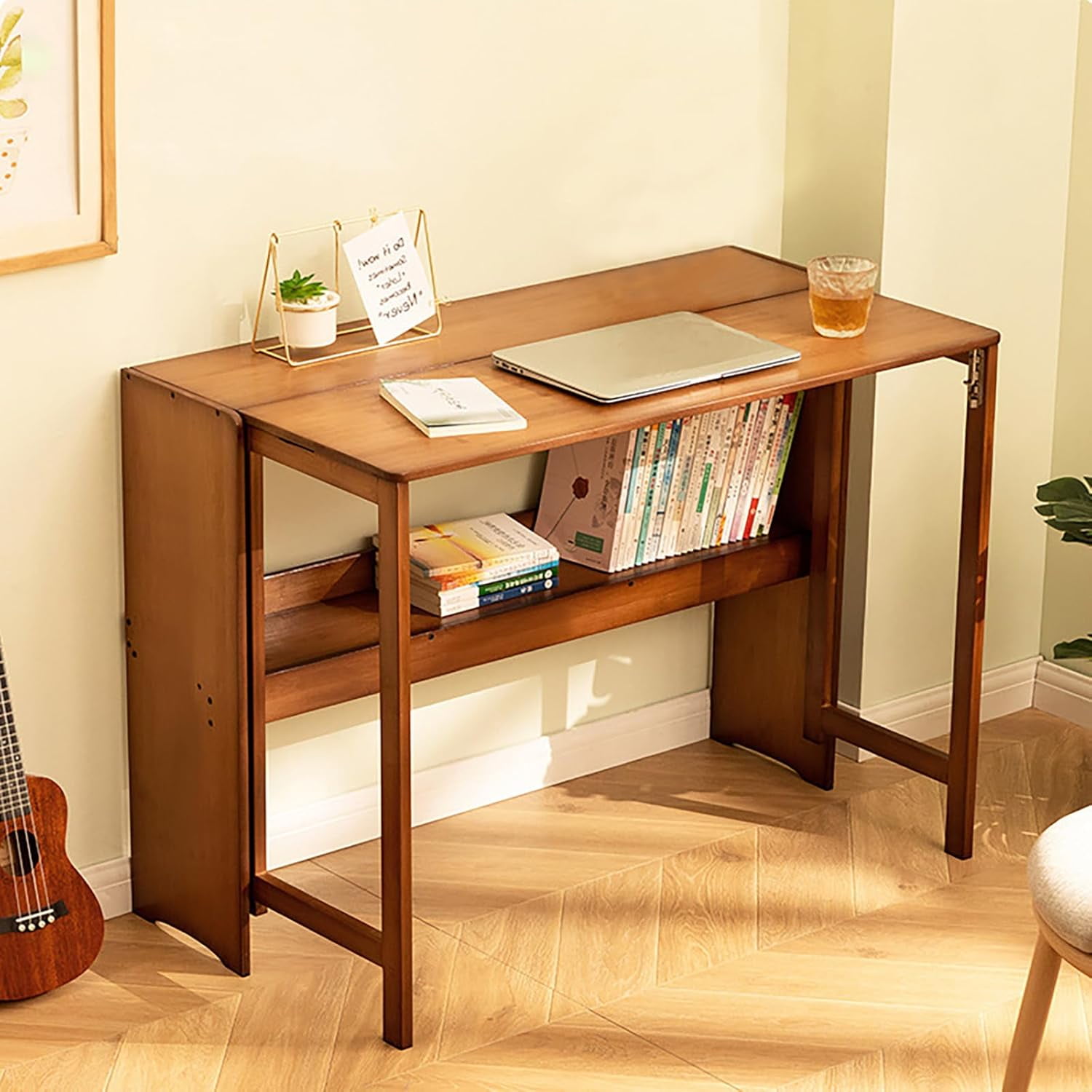 Folding Computer Desk with Bookshelf Bamboo Portable Foldable Table for ...