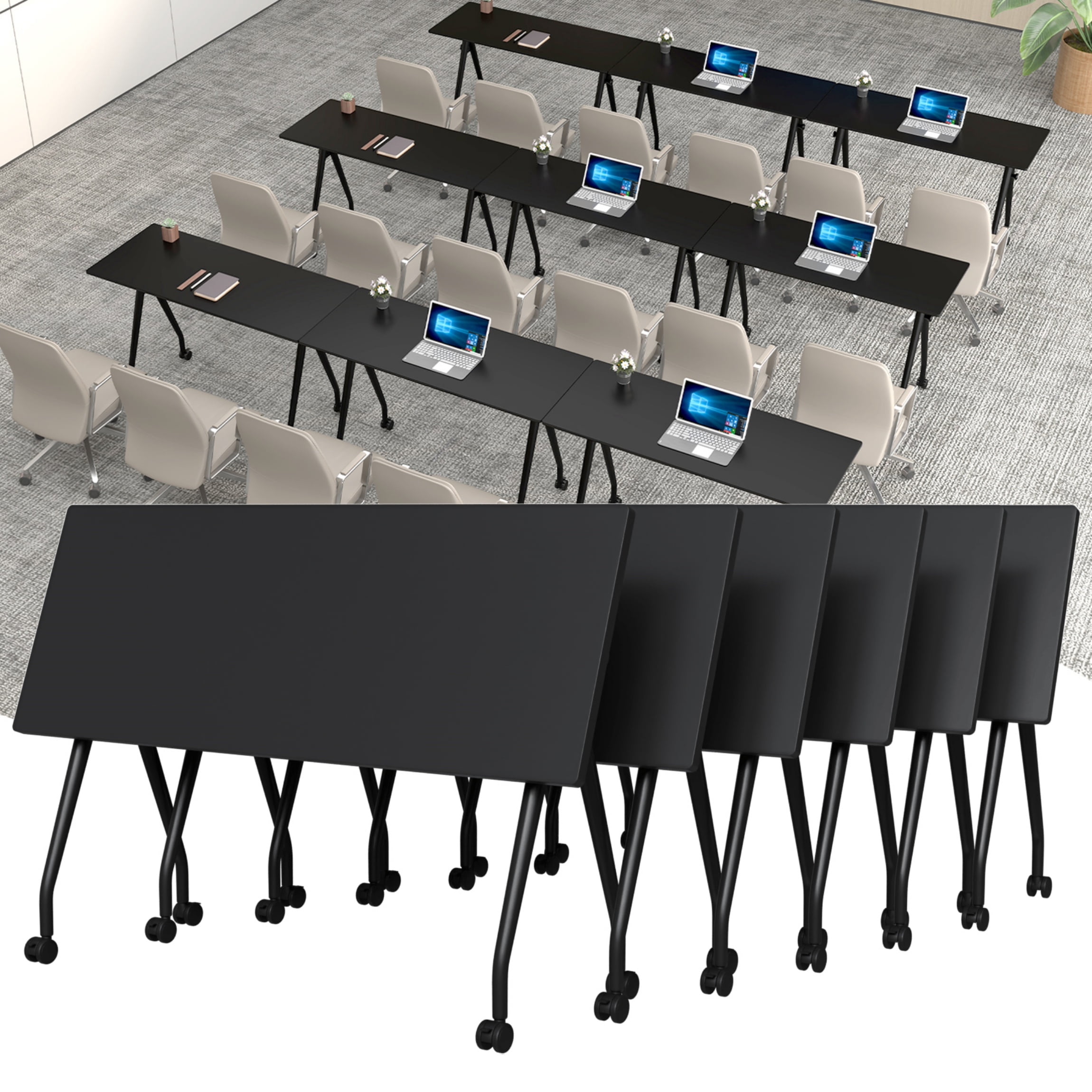 Folding Conference Table with Wheels 6 Pack 63 Inch Flip Top Mobile ...