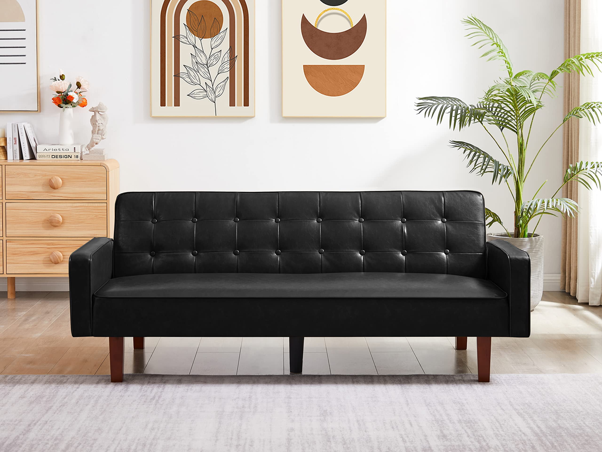Folding Convertible Sleeper Futon Loveseat Sofa Bed Button Tufted Faux ...