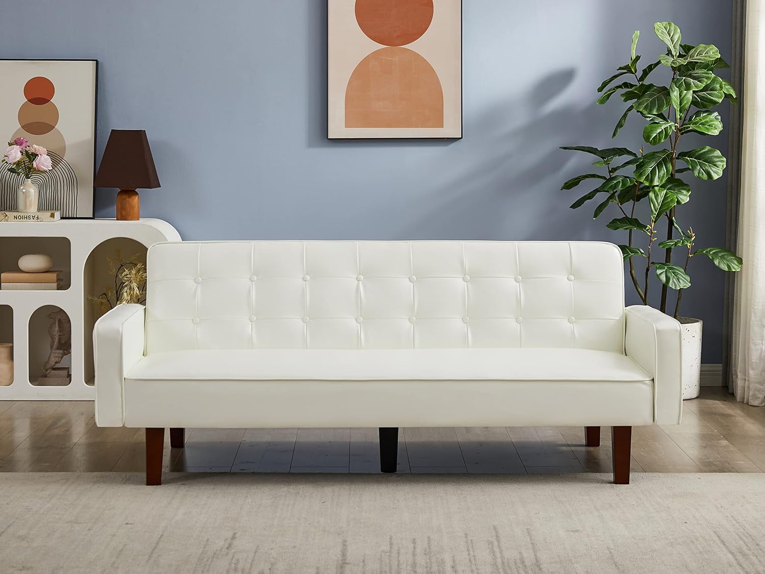 Folding Convertible Sleeper Futon Loveseat Sofa Bed Button Tufted Faux Leather Upholstered ...