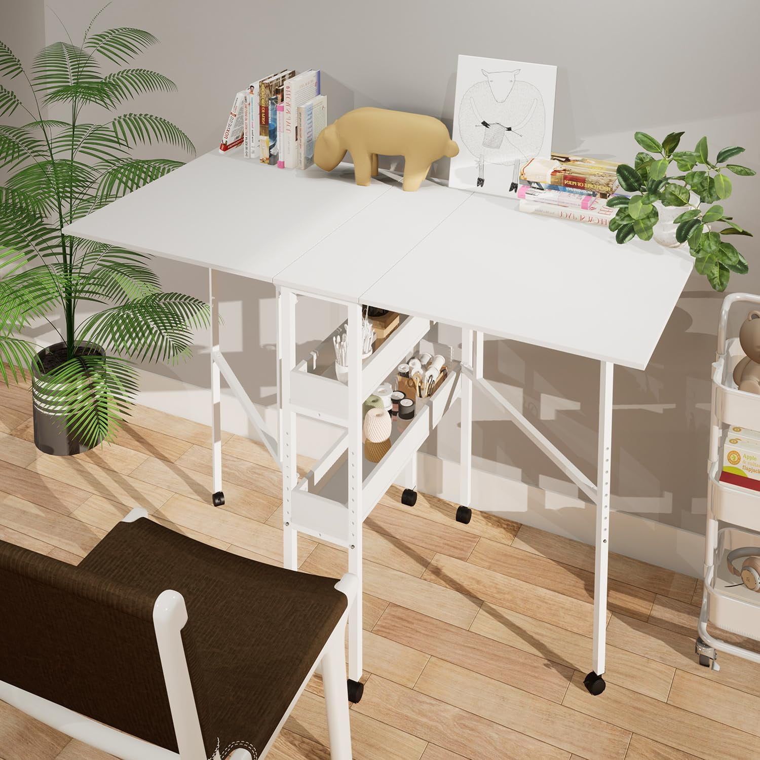 Folding Craft Table, Mobile Cutting Table with Storage Shelves, Sewing ...