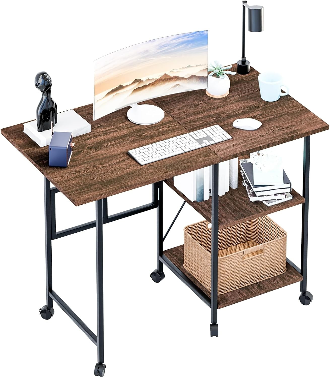 Folding Desk with 2 Bookshelf Design, Mobile Home Office Desk Study ...