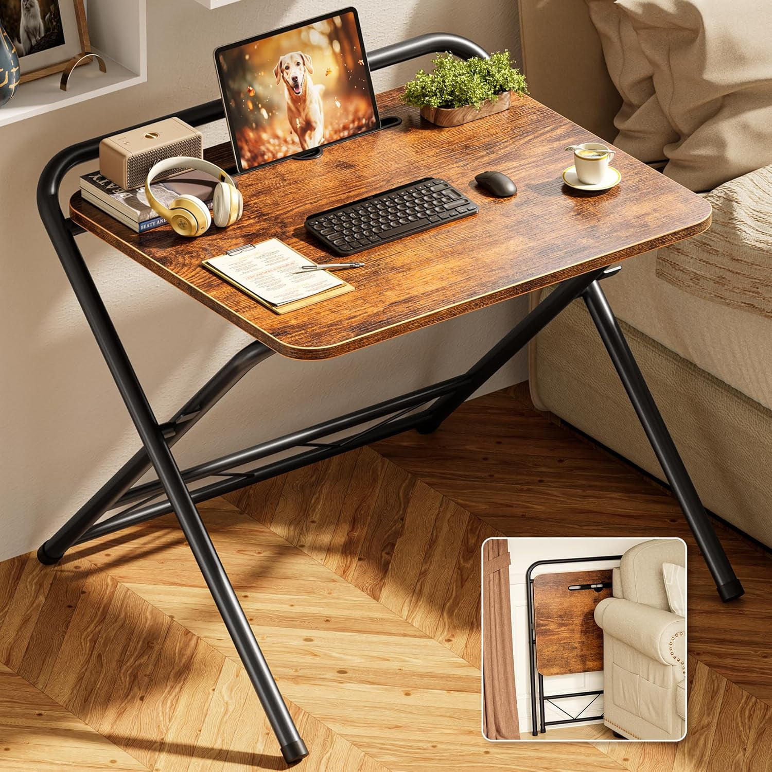 Folding Desk with 3-Level Adjustable Height and Tablet Slot, 24 Inch ...