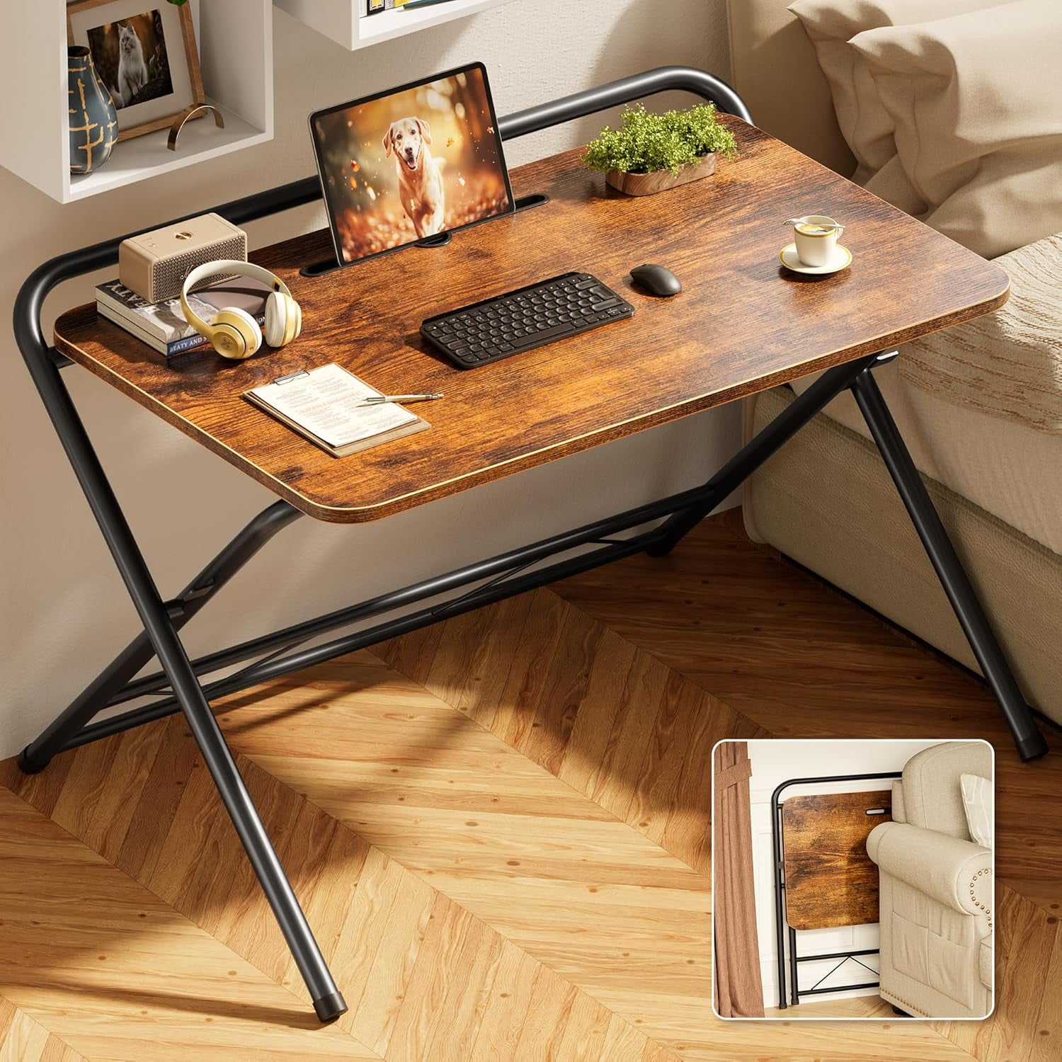 Folding Desk with 3-Level Adjustable Height and Tablet Slot, 32 Inch ...