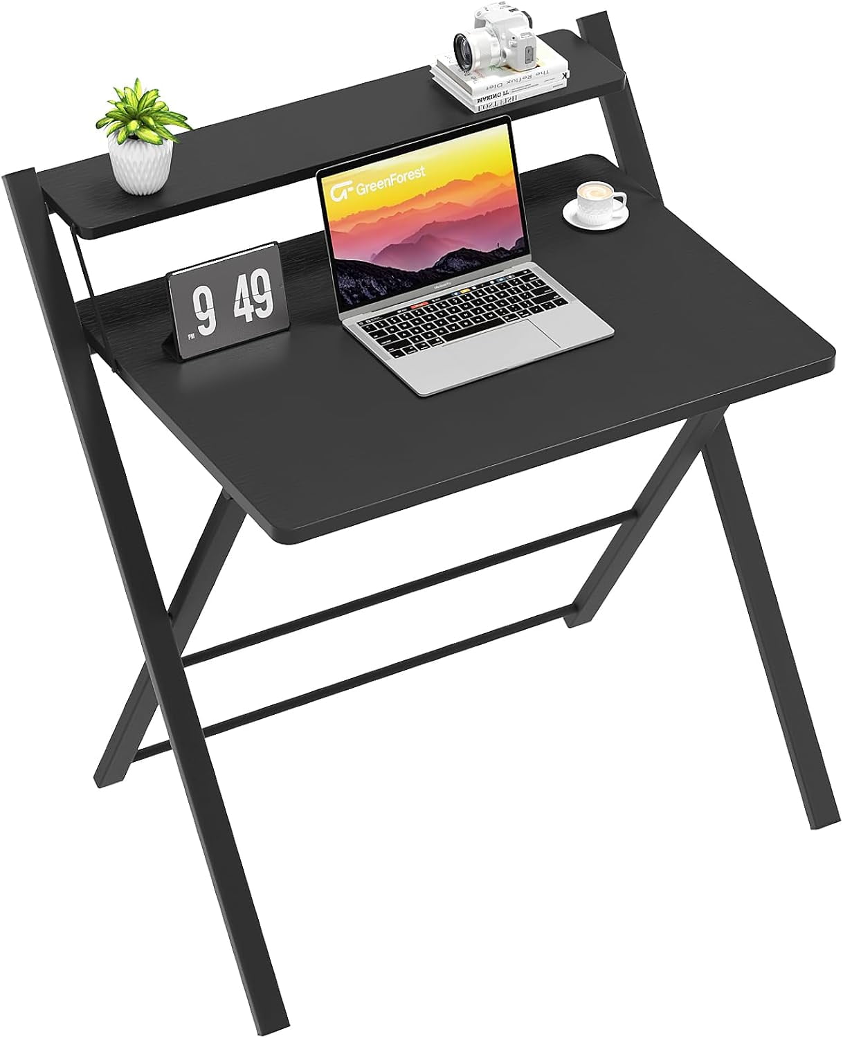 Folding Desk No Assembly Required Small Size, 2-Tier Foldable Computer ...