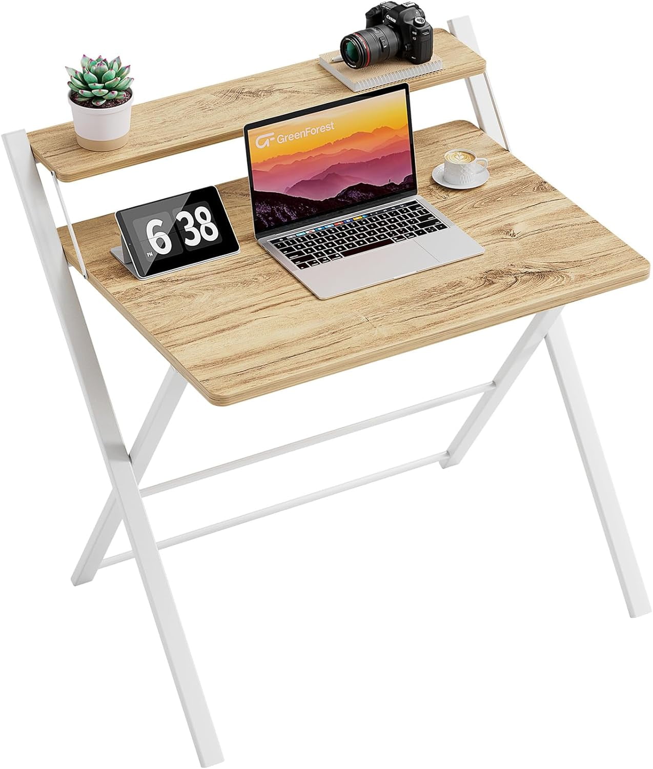 Folding Desk No Assembly Required Small Size, 2-Tier Foldable Computer ...