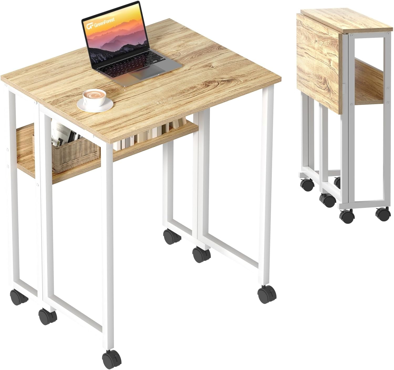 Folding Desk Small Rolling Desk with Storage Shelf,24.8 inch Foldable ...