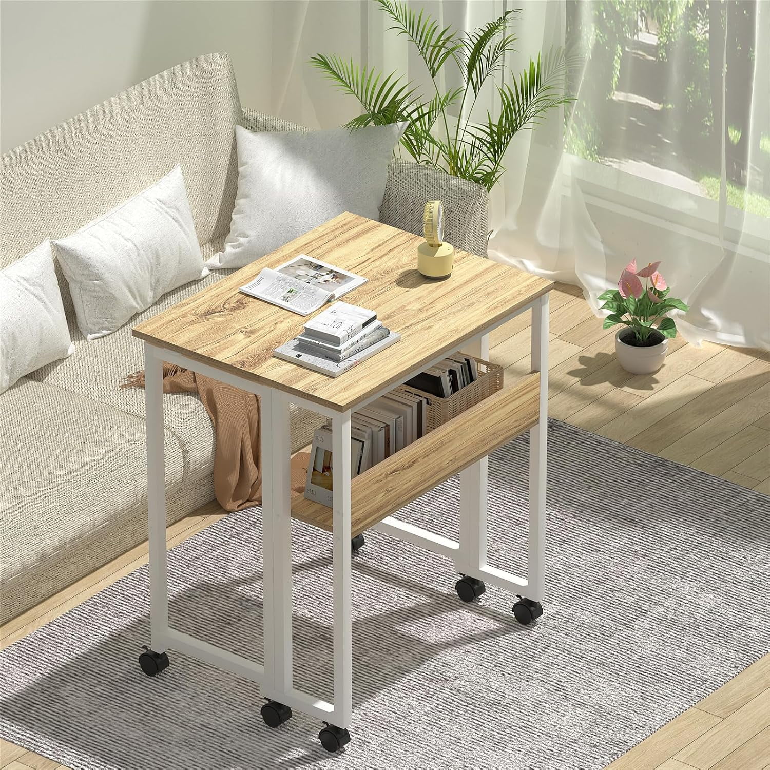 Folding Desk Small Rolling Desk with Storage Shelf,31.5 inch Foldable ...