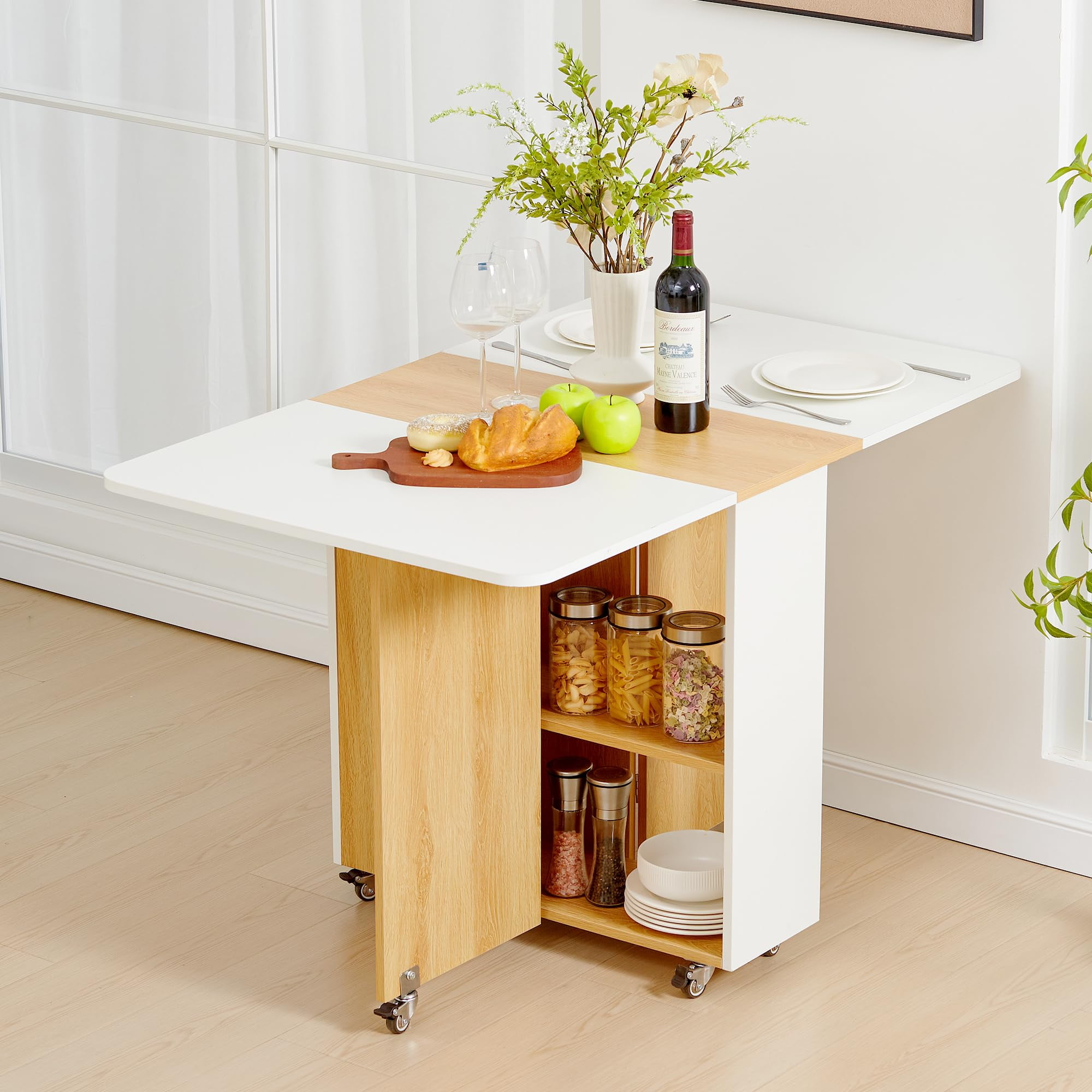 Folding Dining Table with 6 Lockable Wheels, Draw and Shelves, Drop ...