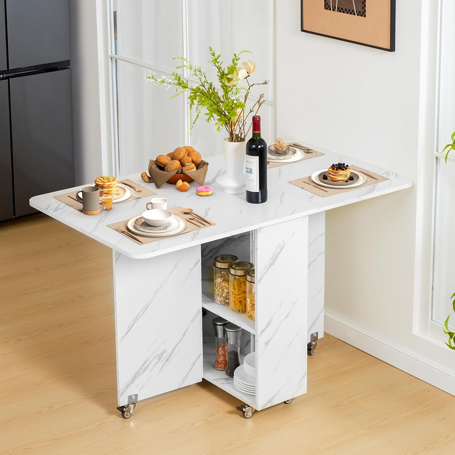 Folding Dining Table with 6 Lockable Wheels, Draw and Shelves, Drop ...