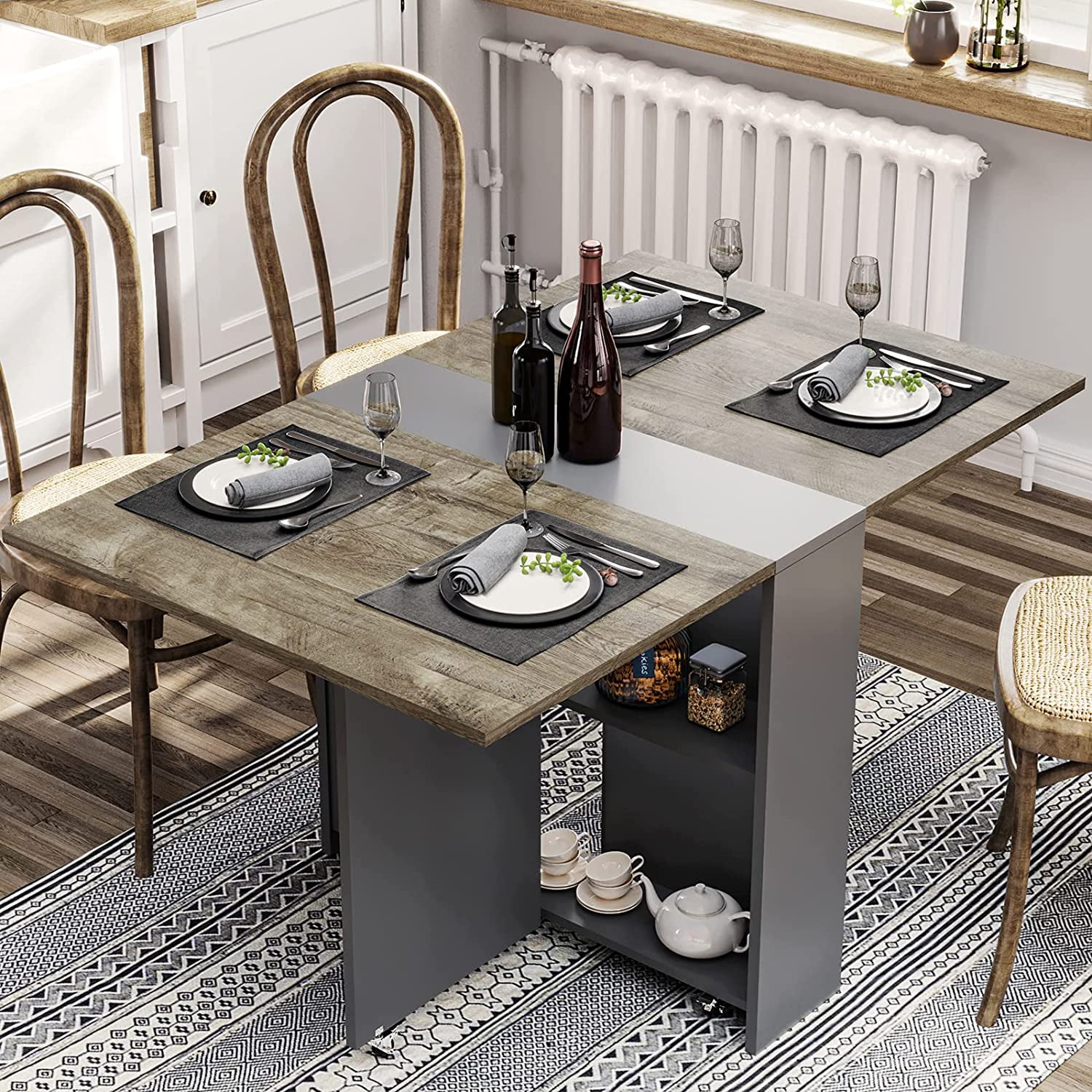 Folding Dining Table, Drop Leaf Dining Table with 6 Wheels and 2-Layer ...