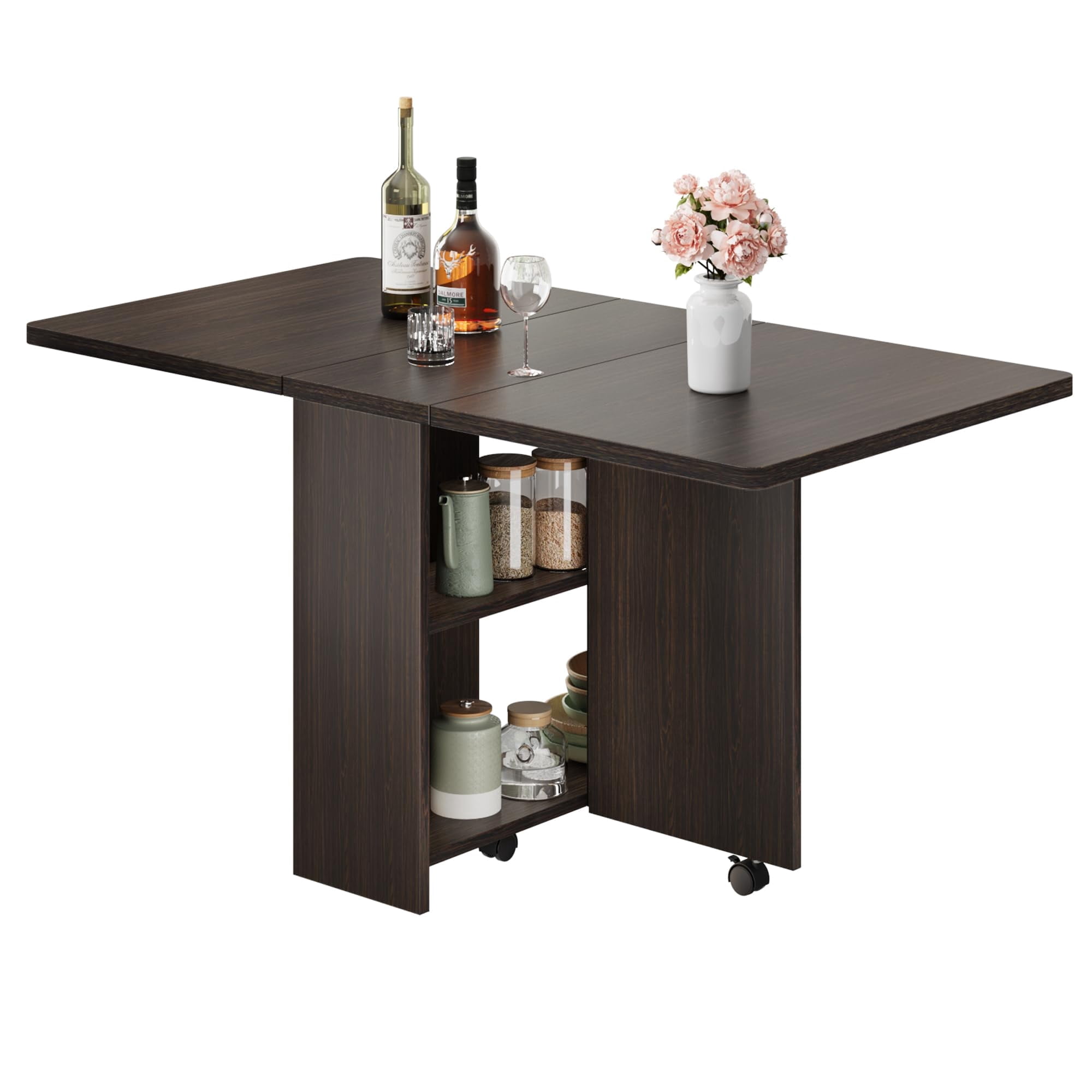 Folding Dining Table, Drop Leaf Dining Table with 6 Wheels and 2-Layer ...