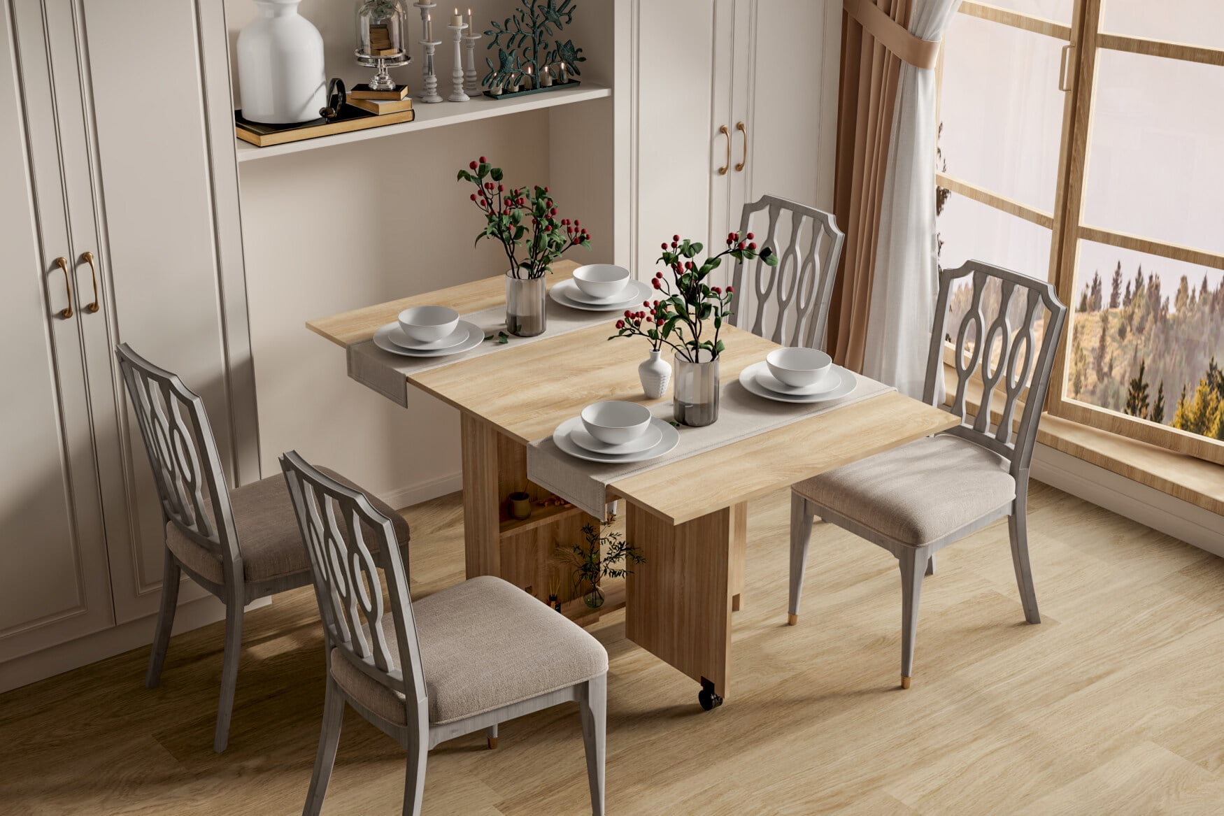 Folding Dining Table, Kitchen Table with 2 Wheels and 2 Storage Racks ...