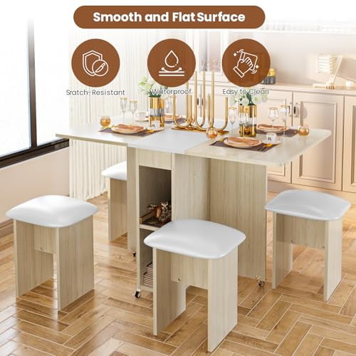 Folding Dining Table Set for 4, Dinner Table with 4 Leather Chairs and ...